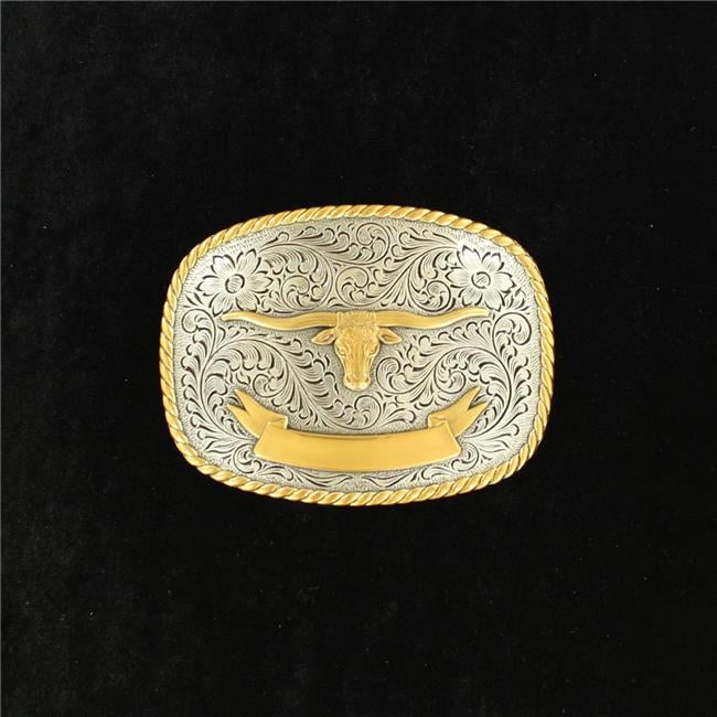 M&F Western 37703 Men Rectangle Longhorn Ribbon Belt Buckle, Silver ...