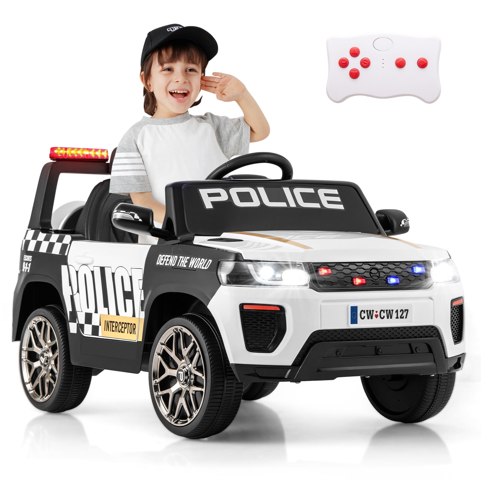 Honeyjoy Kids Ride on Police Car 12V 7A Battery Powered Cop Car with ...