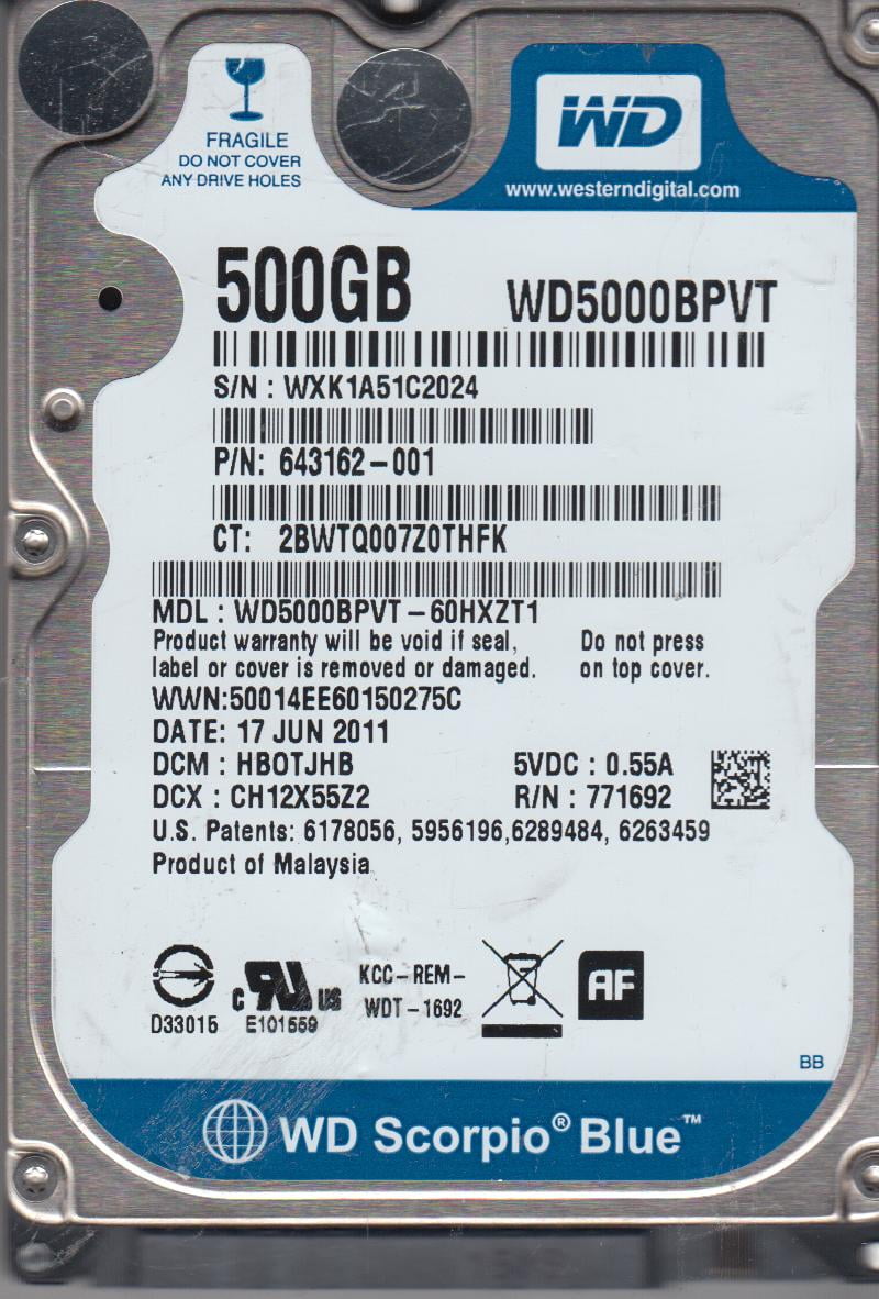 WD5000BPVT-60HXZT1, DCM HBOTJHB, Western Digital 500GB SATA 2.5 Hard ...