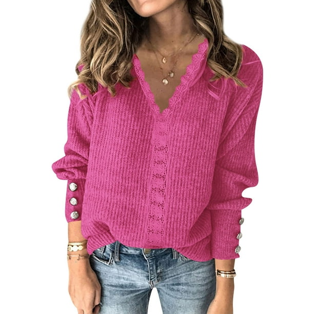 Starvnc Women Solid Color V Neck Lace Stitching Buttons Long Sleeves