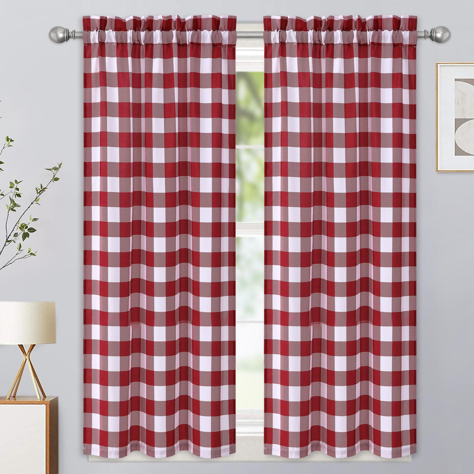 Haperlare 28"Wx45"L Red White Kitchen Curtains Buffalo Plaid Check ...