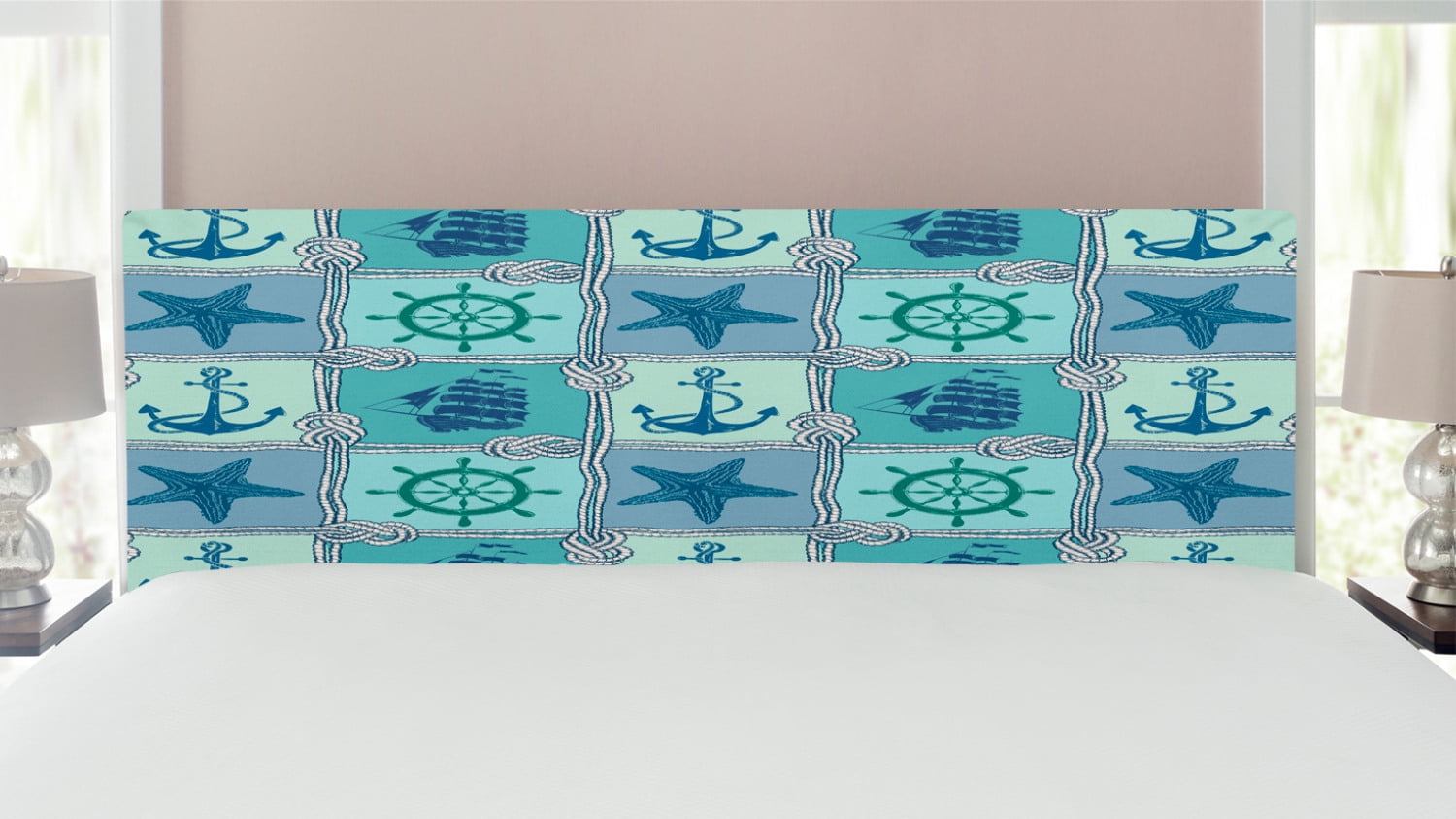 Ships Wheel Headboard, Nautical Patchwork Pattern Rope Starfish Sailing ...