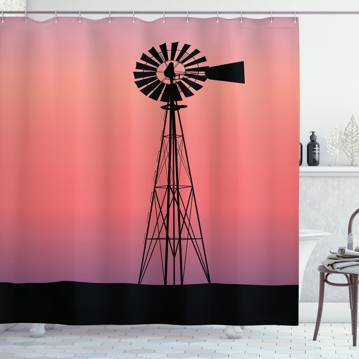 Windmill Shower Curtain, Windmill Silhouette at Dreamlike Sunset ...