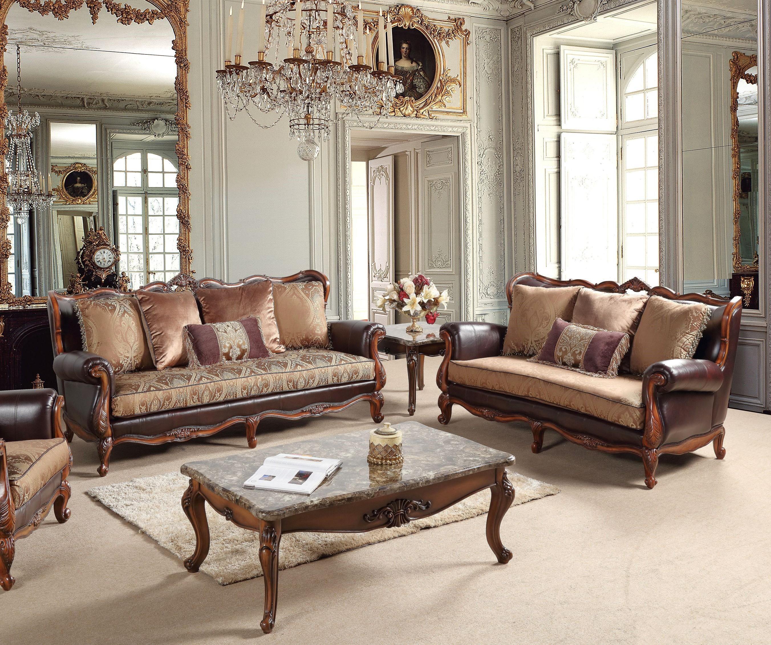 Cherry finish Wood Pattern Fabric Sofa Set 2Pc Traditional Cosmos ...