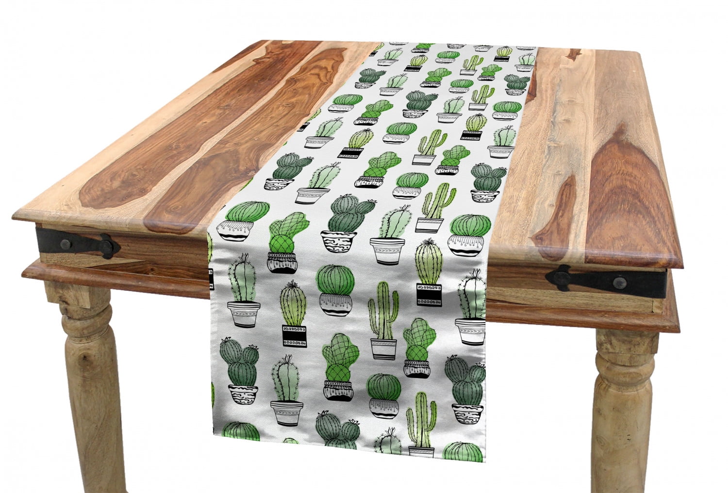 Cactus Table Runner, Hand Drawn Foliage Pattern with Ornamental Pottery ...