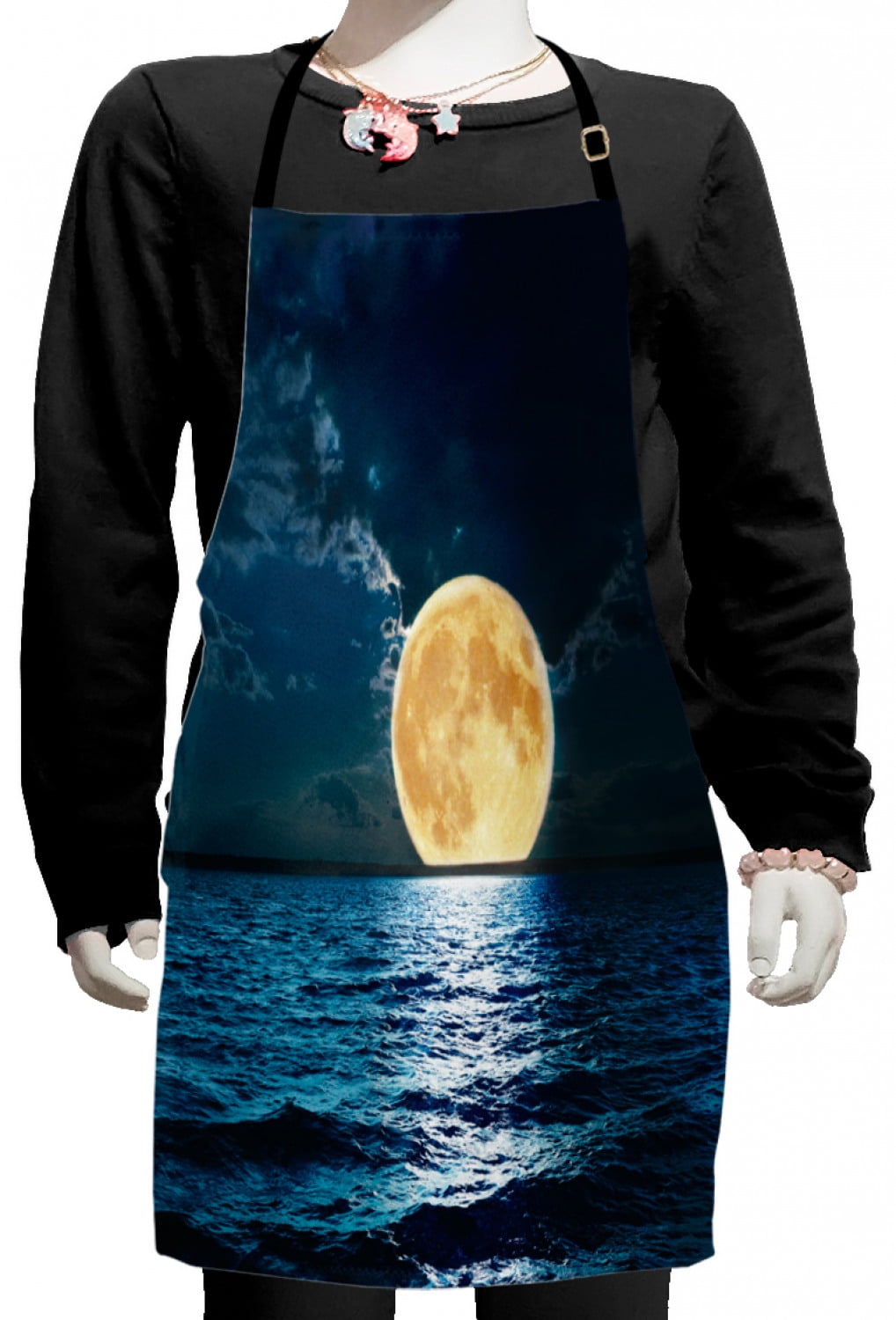 Ocean Kids Apron, Super Moon over Ocean Surface Midnight View Dreamy ...