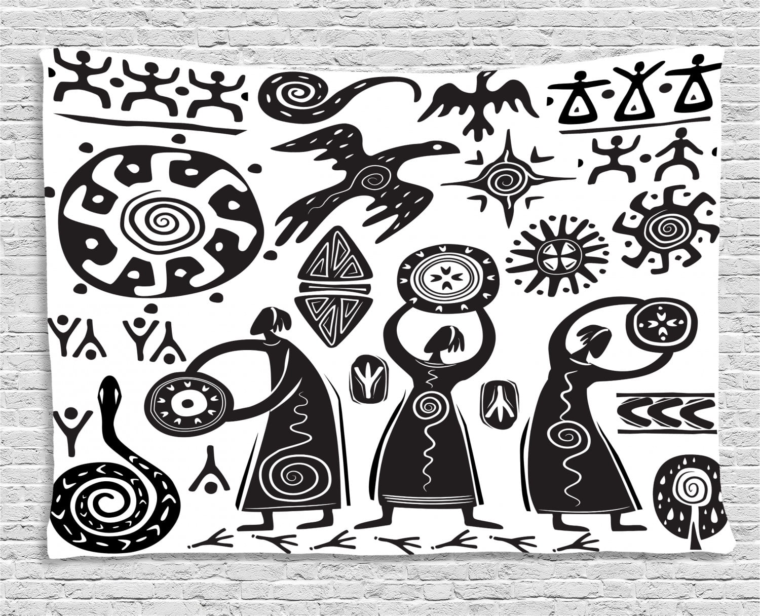 Primitive Decor Tapestry, Shaman Eagle Sun Snake Figure Prehistoric ...
