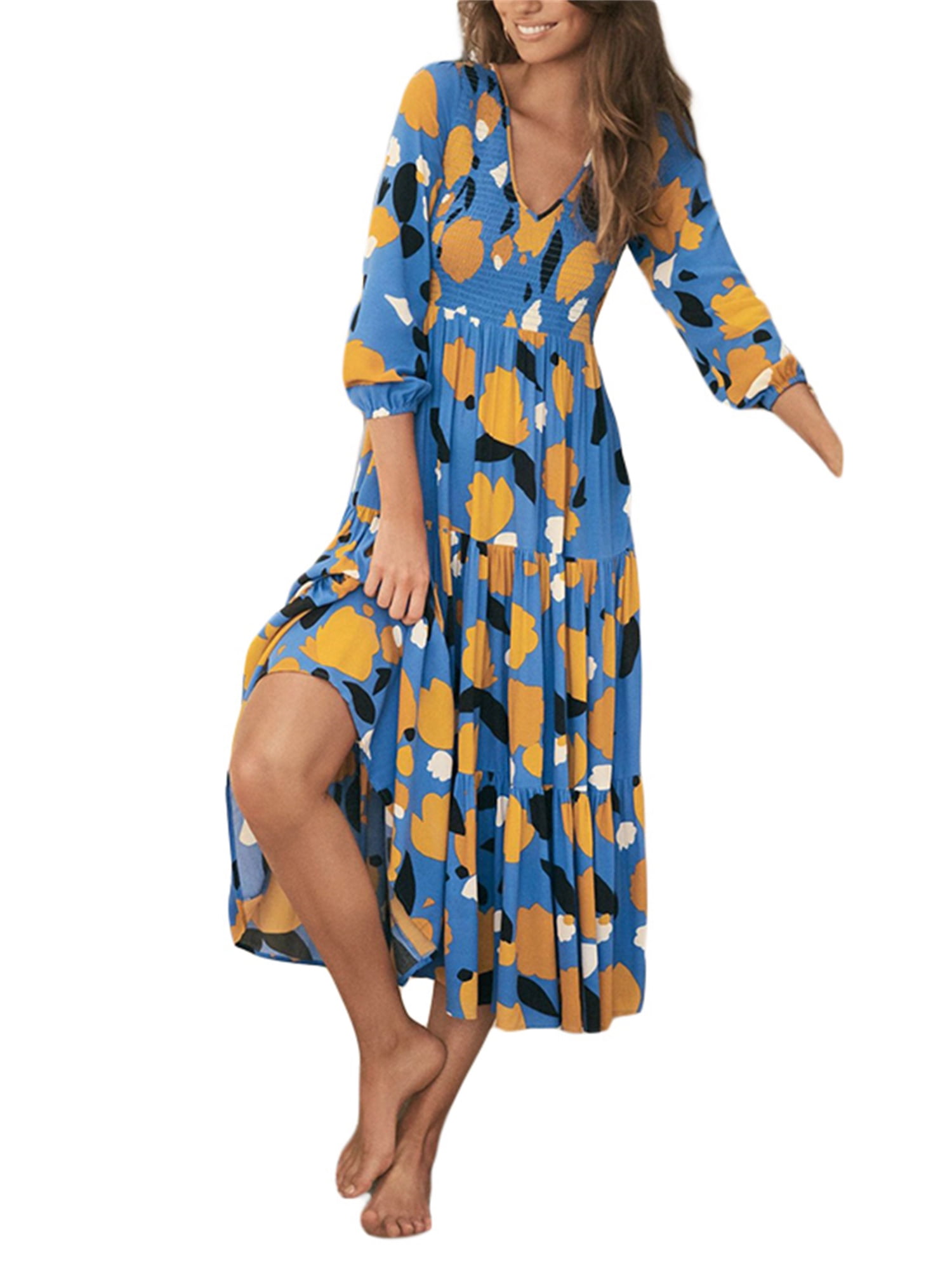 Frobukio Women Summer Casual Long Dress Floraldot Print V Neck 34 Sleeve Dress Beach Party