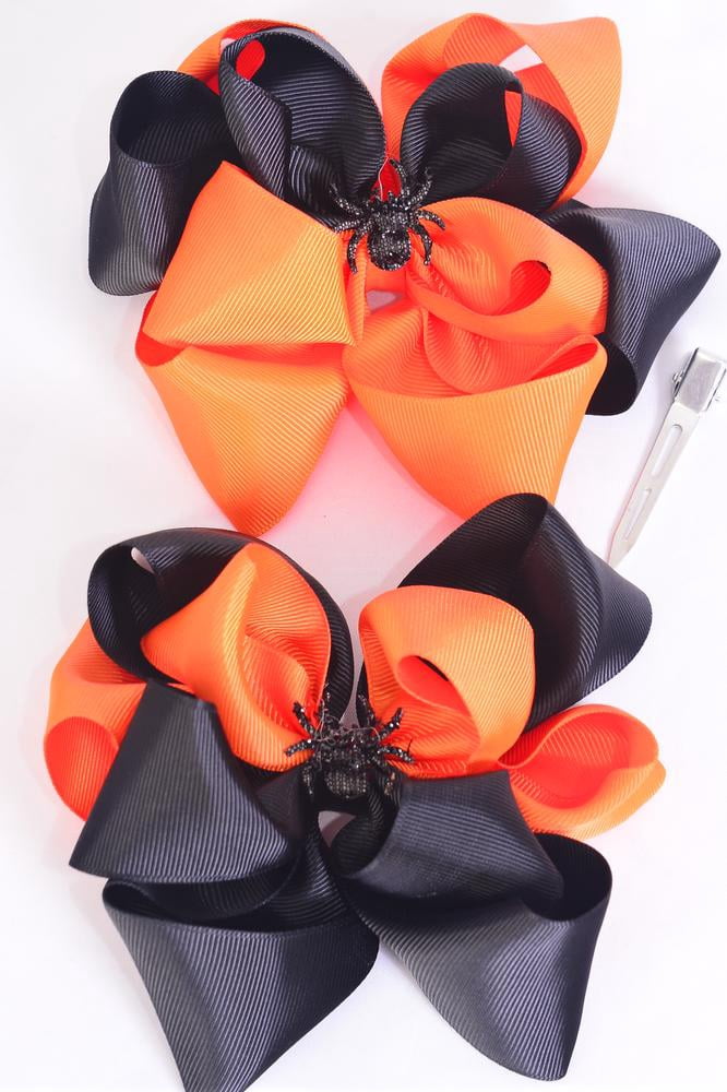 Hair Bow Jumbo Double Layered 2 Tone Halloween Center Spider Grosgrain ...