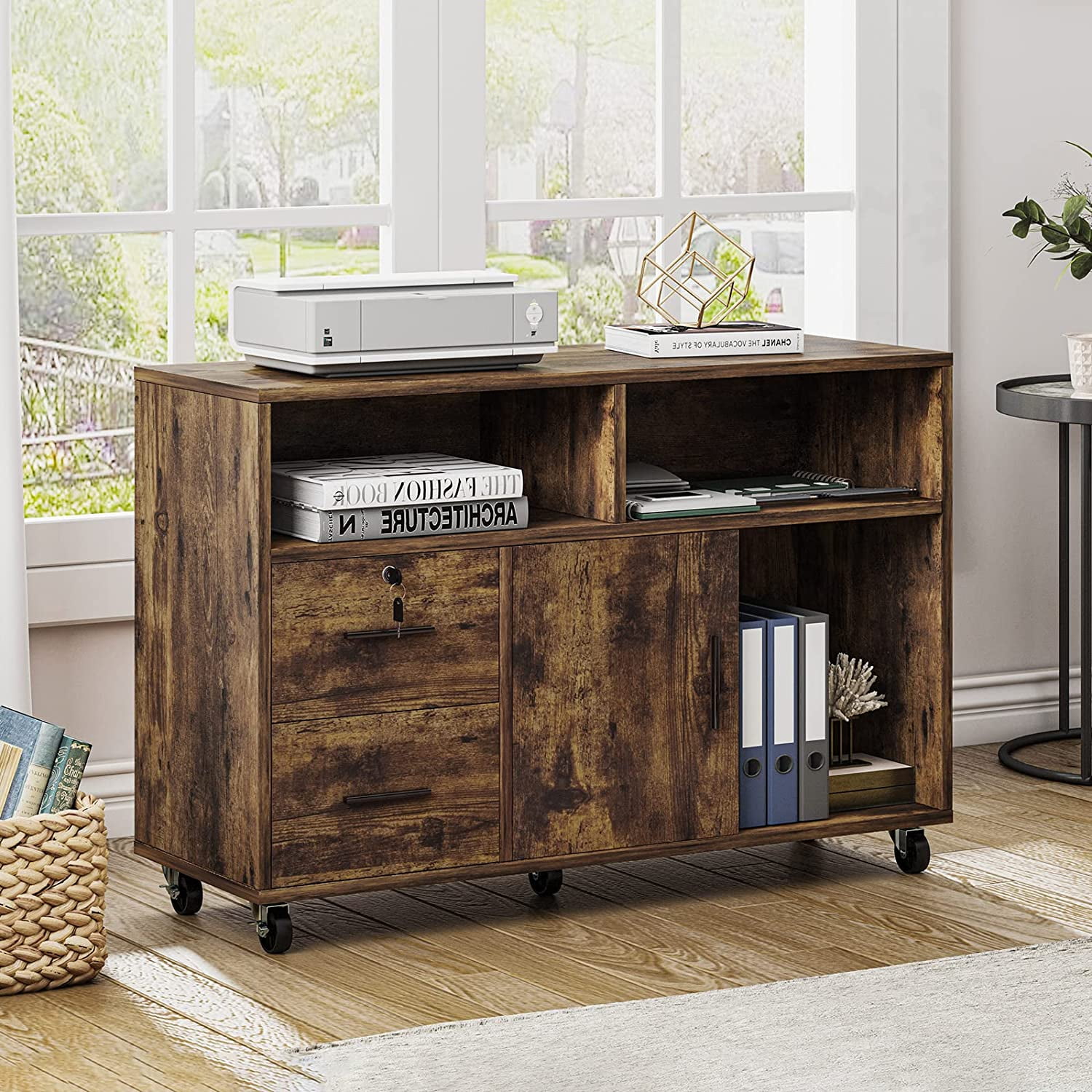 DWVO File Cabinet with 2 Drawers, Industrial Rolling Printer Stand with ...