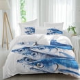 4 Piece Duvet Cover Set Queen, Watercolor Blue Ocean Fish on White Soft ...
