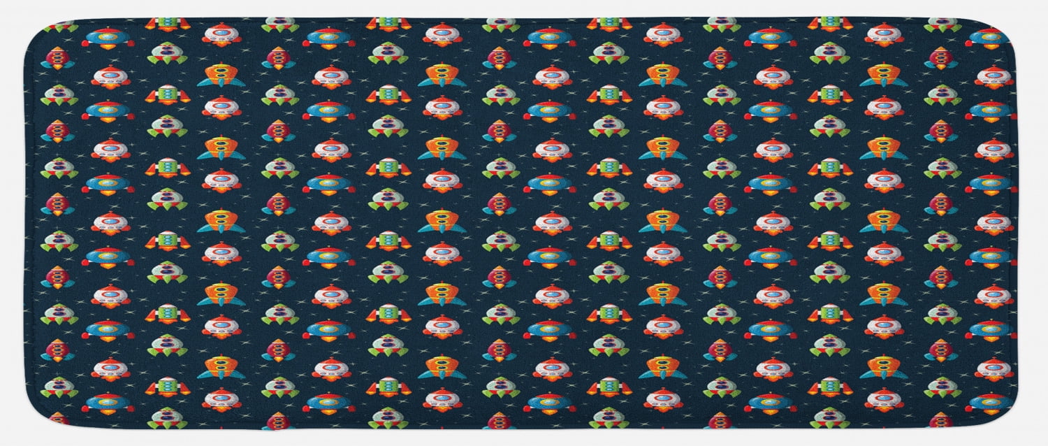 Spaceship Kitchen Mat, Cartoon Style Space Crafts Flying Through Cosmos ...
