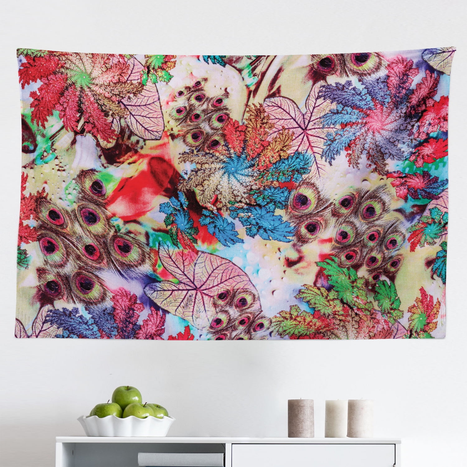 Peacock Tapestry, Peacock Open His Tail Feathers in Tropical Garden ...