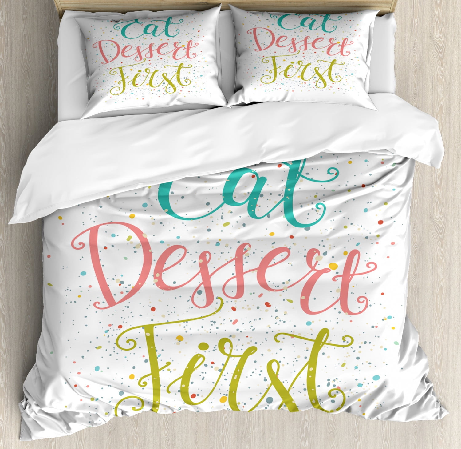Eat Dessert First Duvet Cover Set Queen Size, Cursive Calligraphy with ...