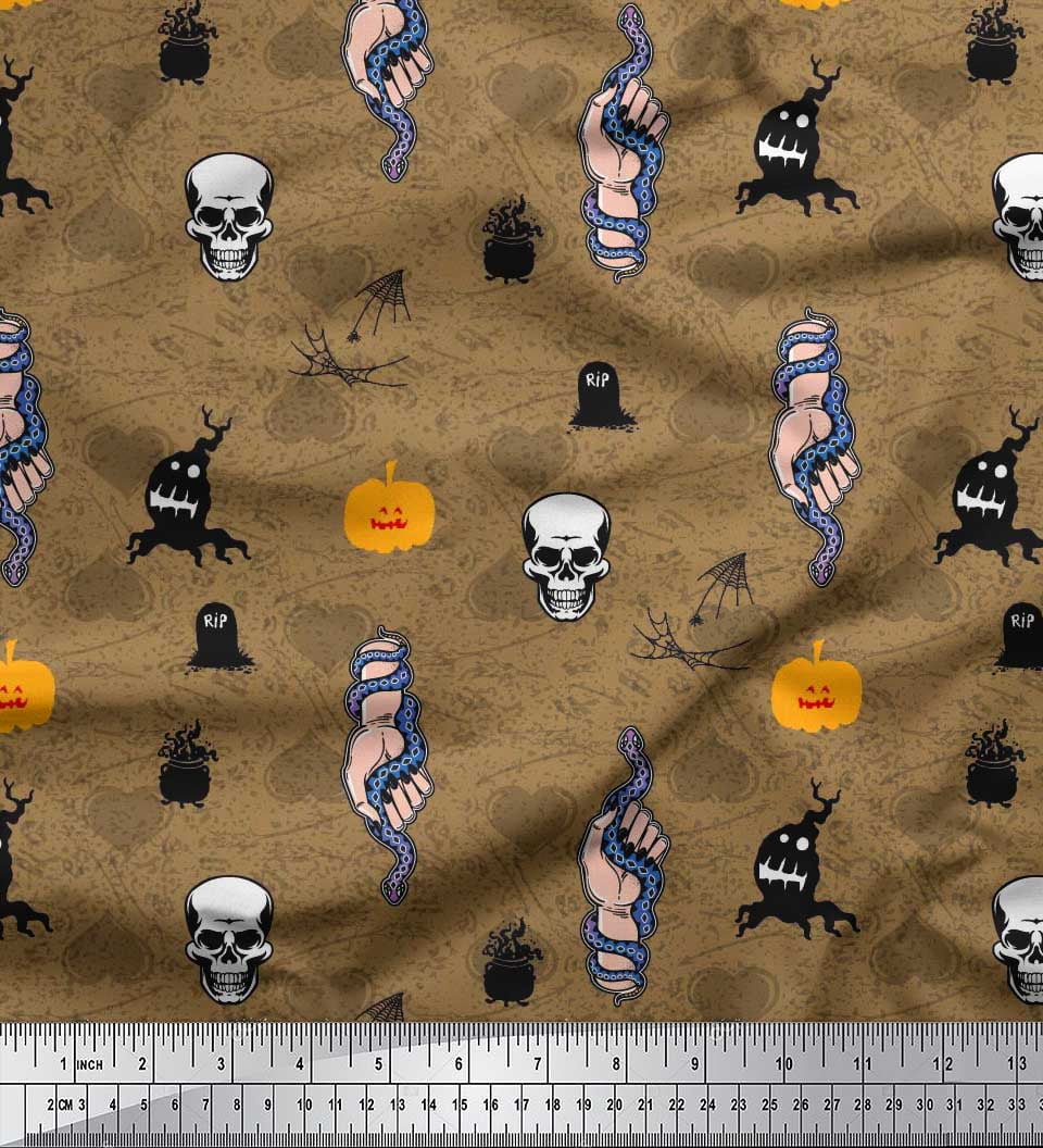 Soimoi Brown Crepe Silk Fabric Hand,Snake & Skull Halloween Print ...