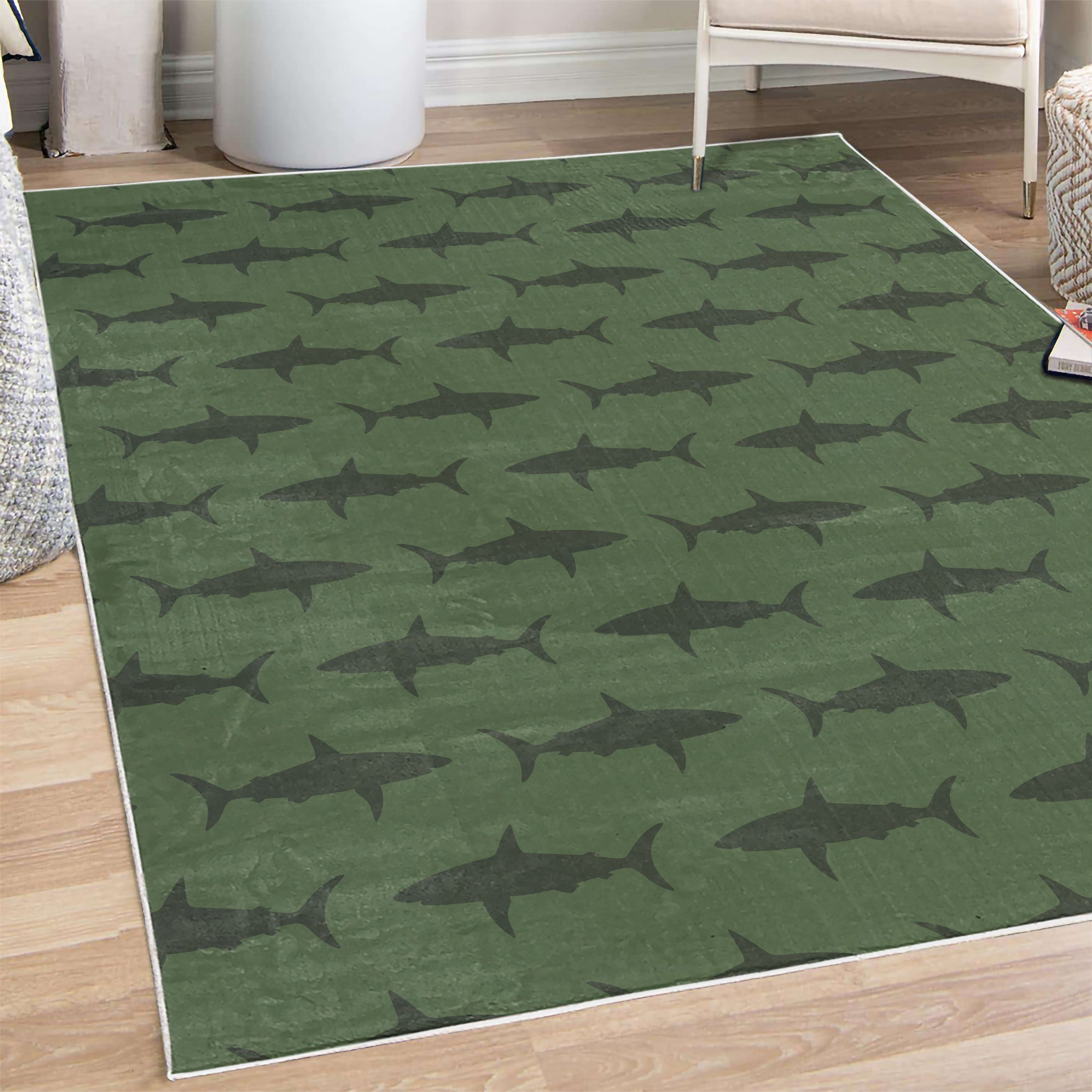 Sea Animals Decorative Rug, Sharks Swimming Horizontal Silhouettes ...