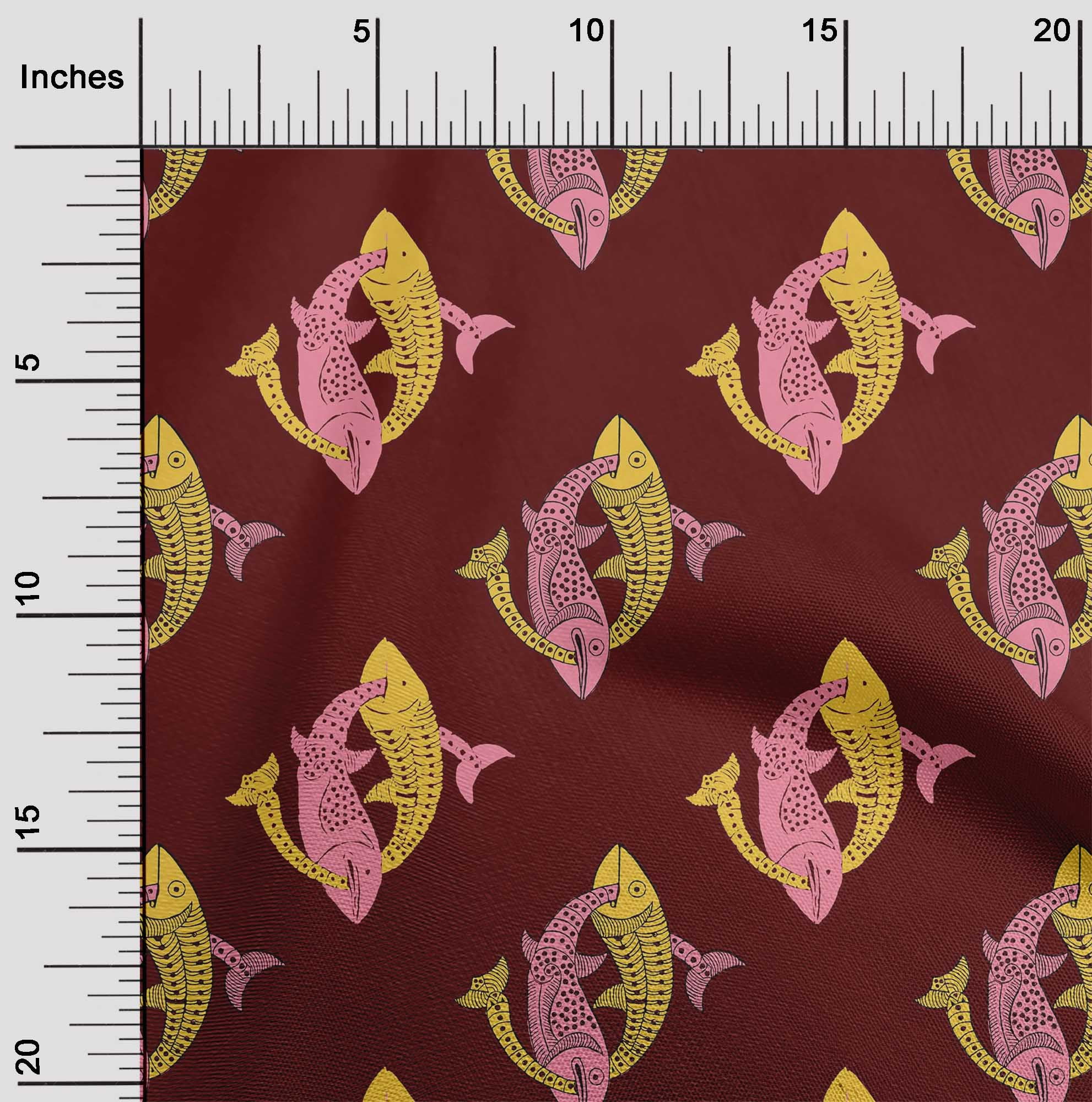 oneOone Silk Tabby Fabric Fish Block Print Fabric By The Yard 42 Inch ...