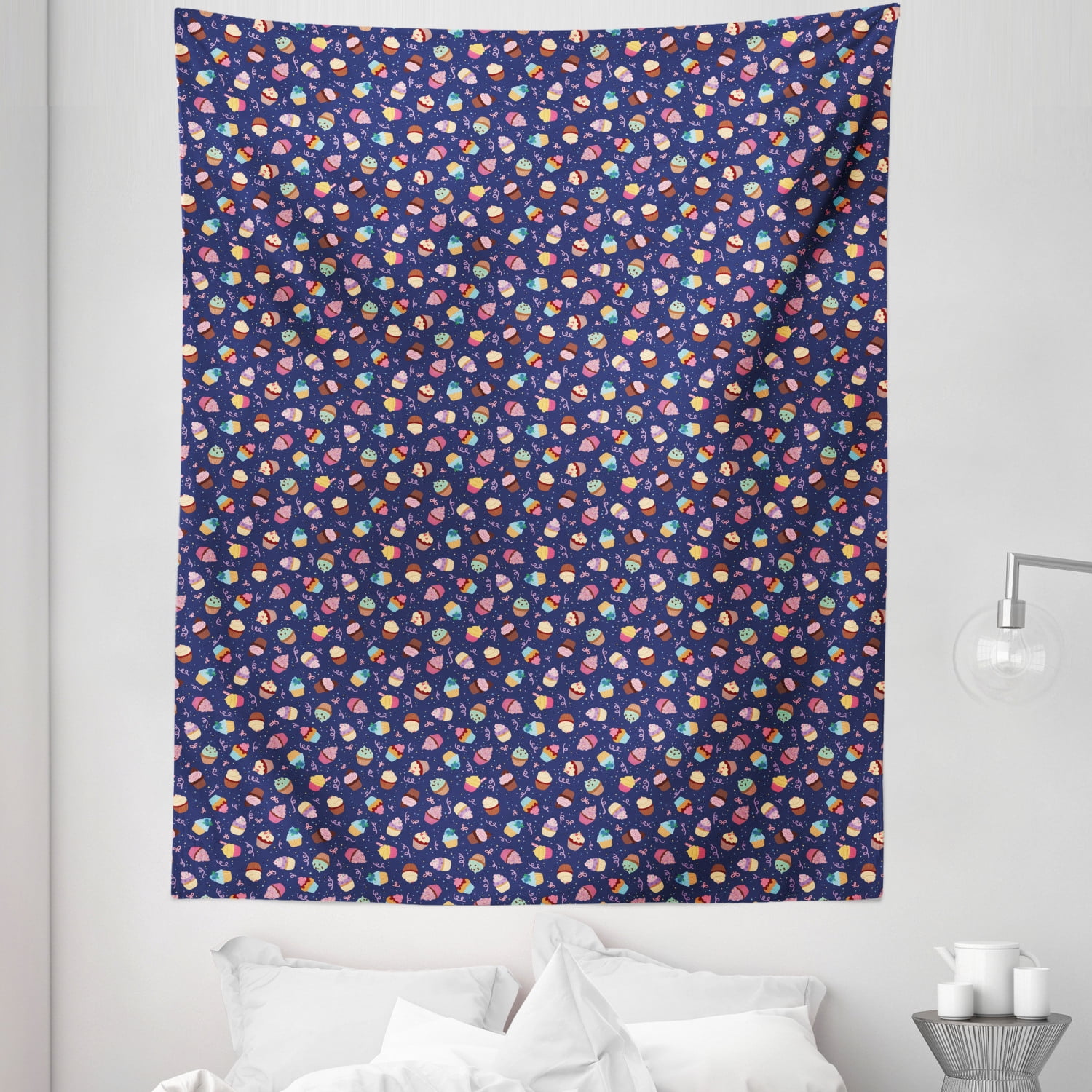 Dessert Tapestry, Rain Pattern with Colorful Frosted Cupcakes and Bows ...
