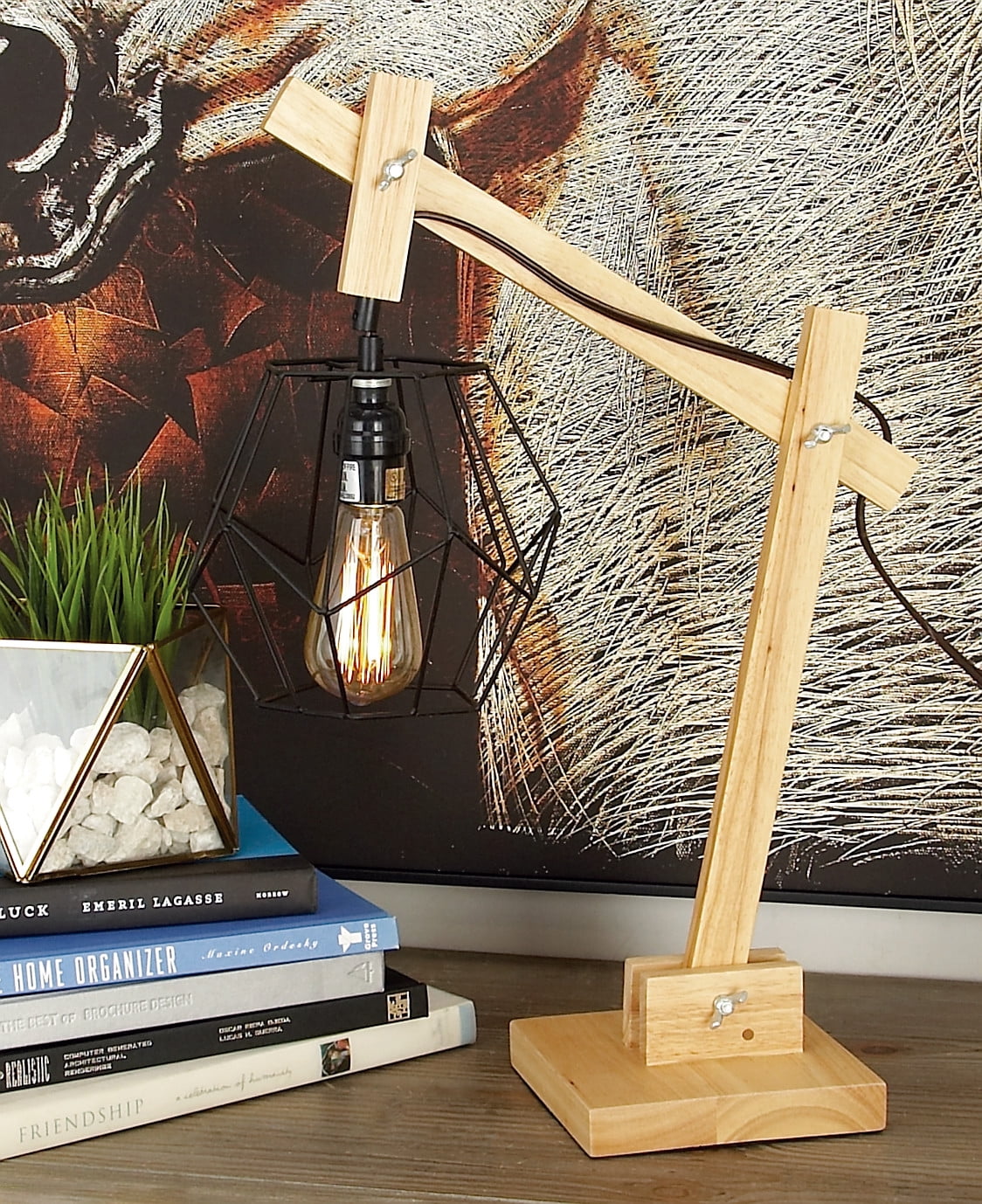 DecMode 23 Inch Contemporary Oak and Iron Hinged Table Lamp With Bulb ...