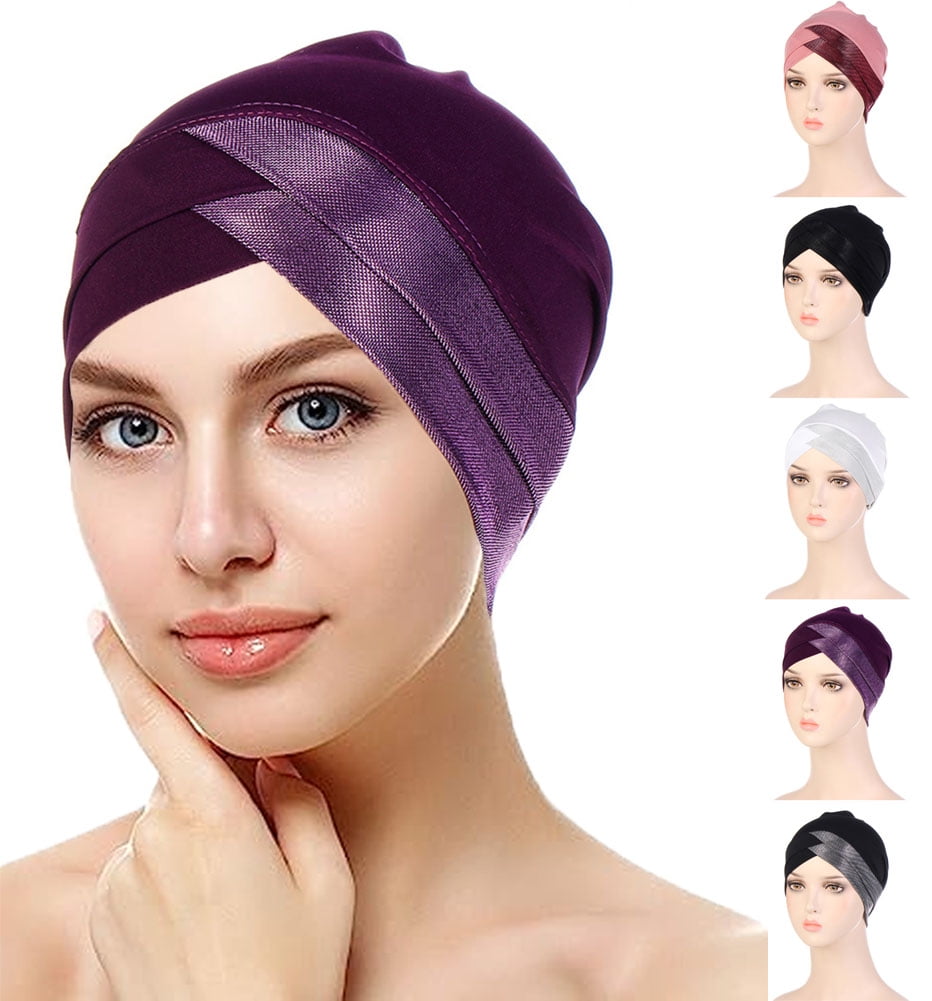 Solid Color Full Cover Inner Caps Forehead Cross Turban Stretch Hat for ...