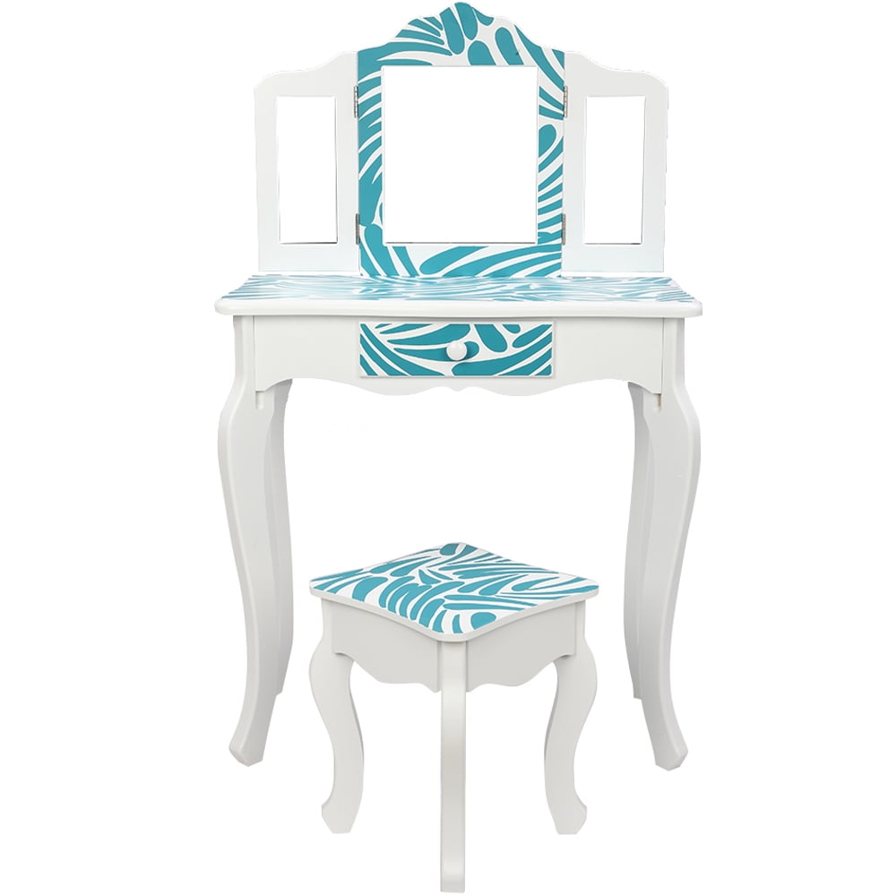 Kids Vanity Table and Chair Set, Blue Zebra and White Style Girls ...