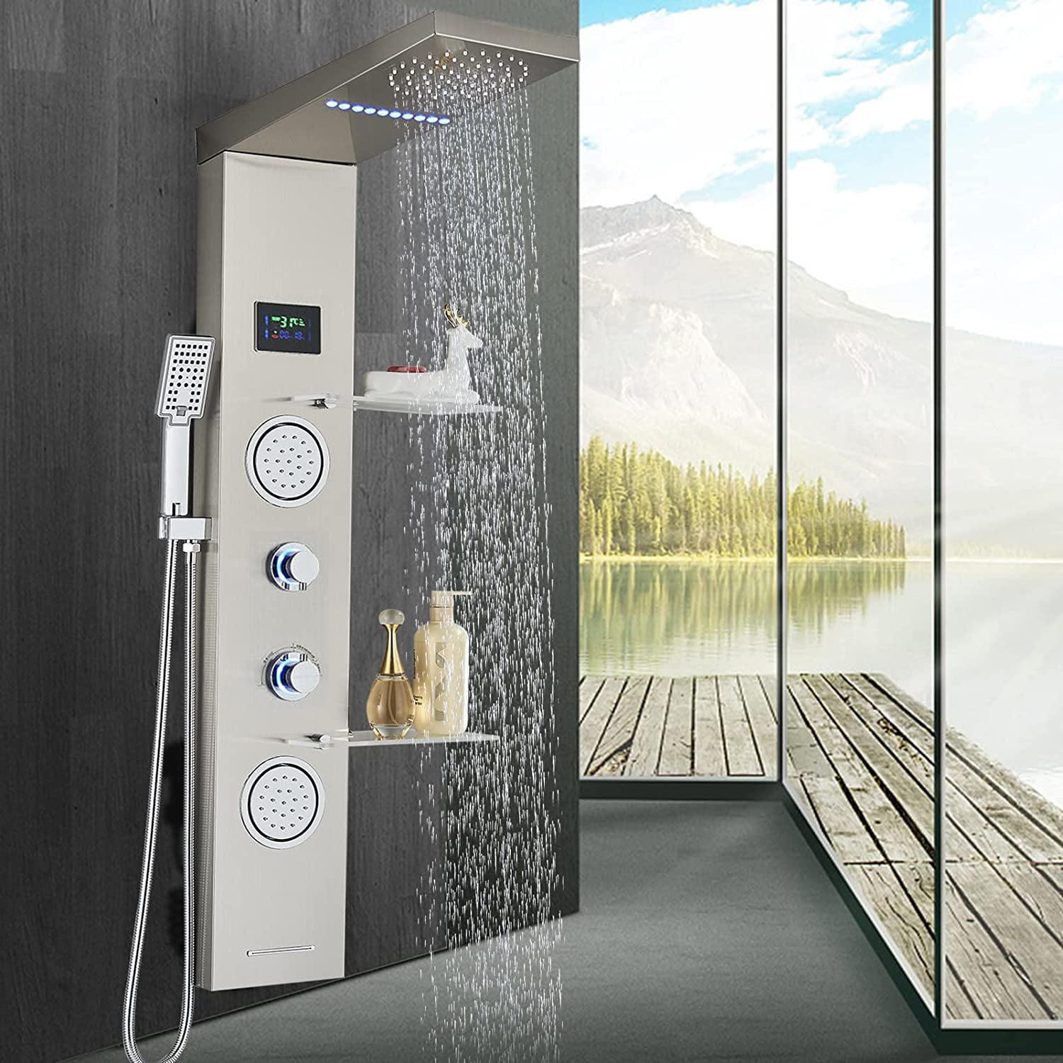 Zovajonia LED Shower Panel Tower System , Stainless Steel 5-Functions ...