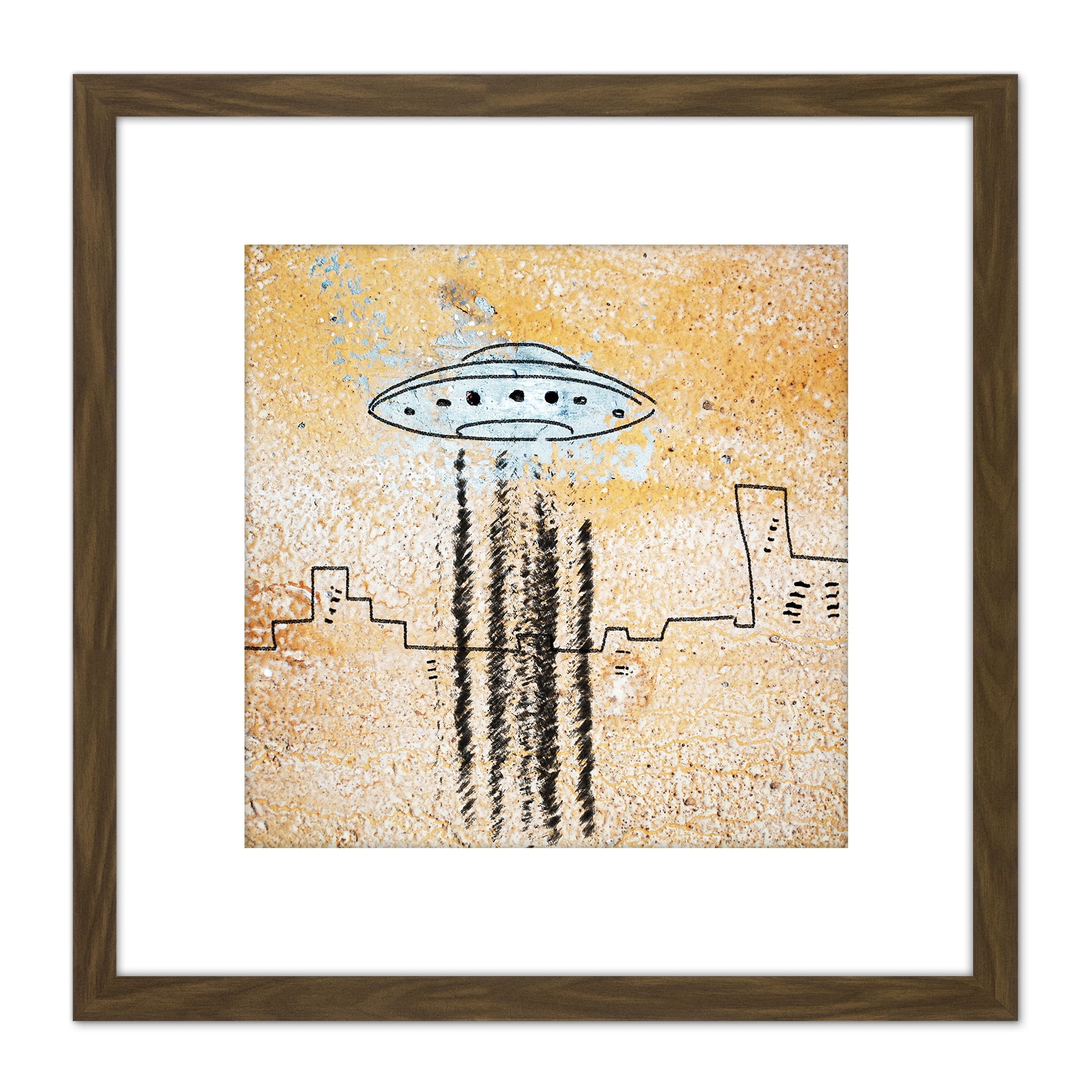 UFO Flying Saucer City Abstract Illustration 8X8 Inch Square Wooden ...