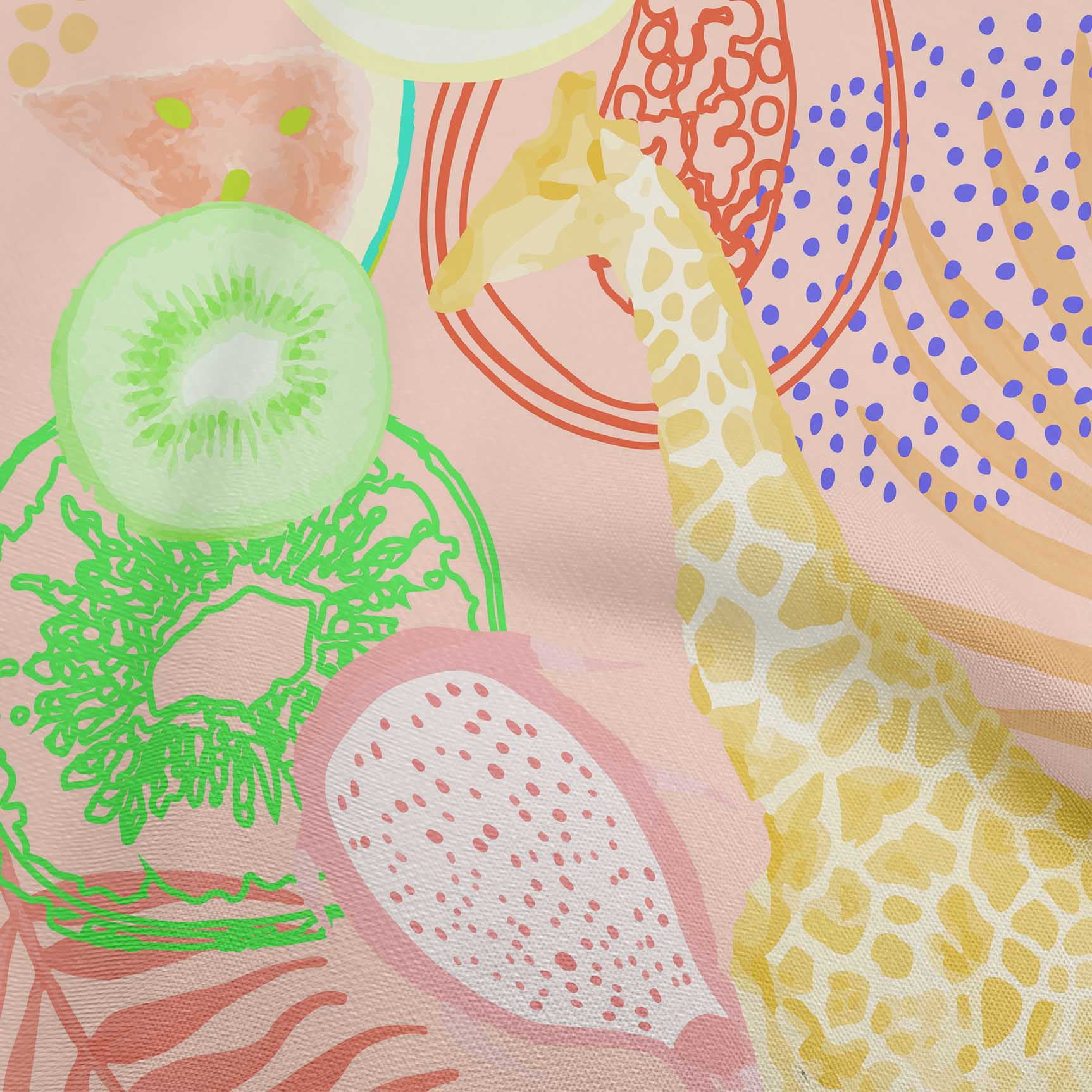 oneOone Silk Tabby Pink Salmon Fabric Tropical Fruits Animals With ...