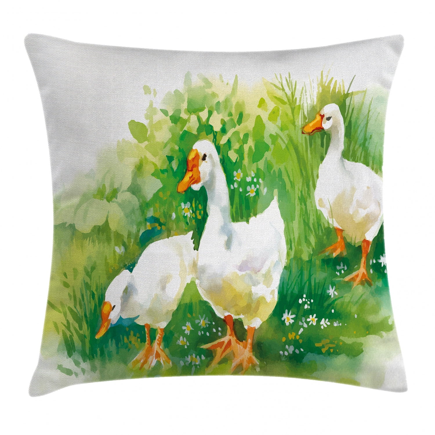 Duck Throw Pillow Cushion Cover, Goose in Farm Lake Plants Grass Reeds ...