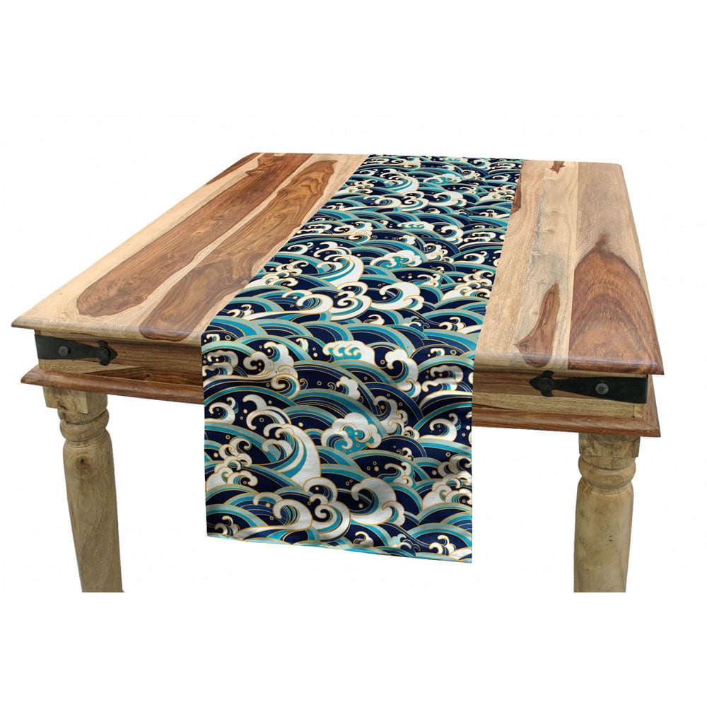 Nautical Table Runner, Traditional Oriental Style Ocean Waves Pattern ...