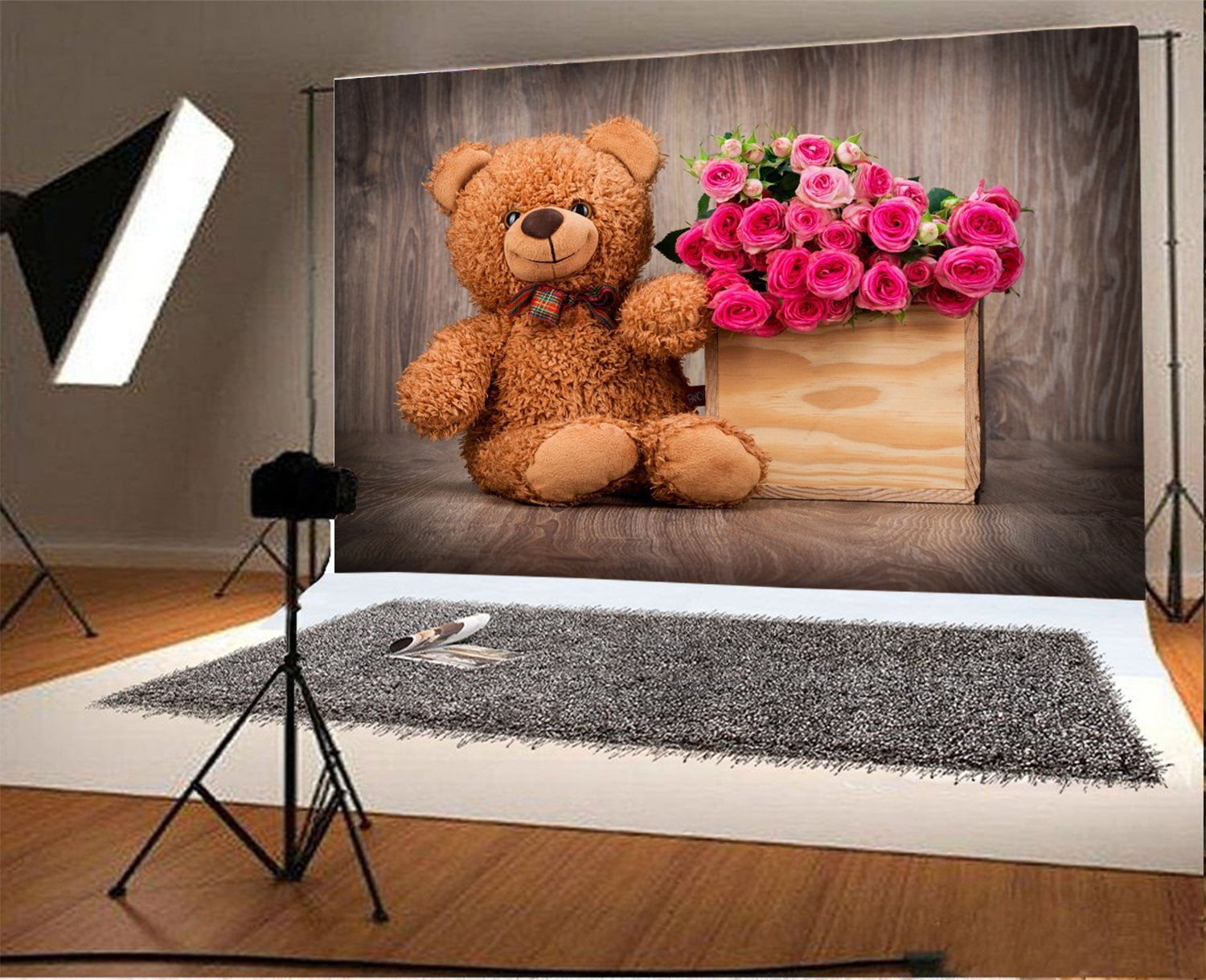 Polyester Lovely Bear Toy Backdrop 7x5ft Romantic Flowers Wooden Wall ...