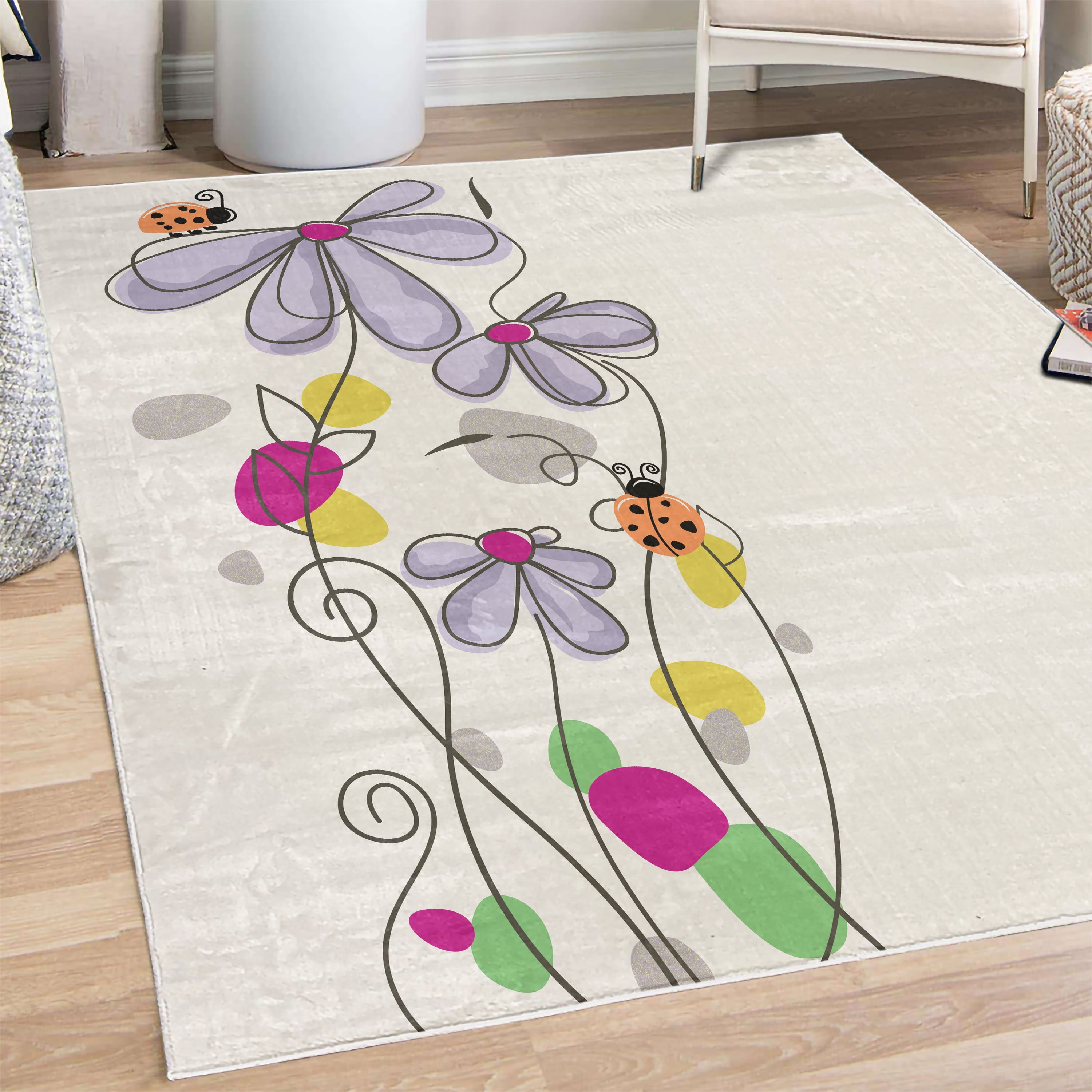 Spring Decorative Rug, Flowers Oval Dome-Shaped Ladybugs Illustration ...