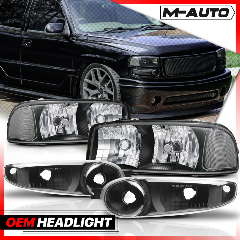 M AUTO Headlights Assembly for 01 07 GMC Sierra 01 06 GMC Yukon Denali Yukon XL 1500 Denali Truck Black Housing Clear Lens Clear Corner