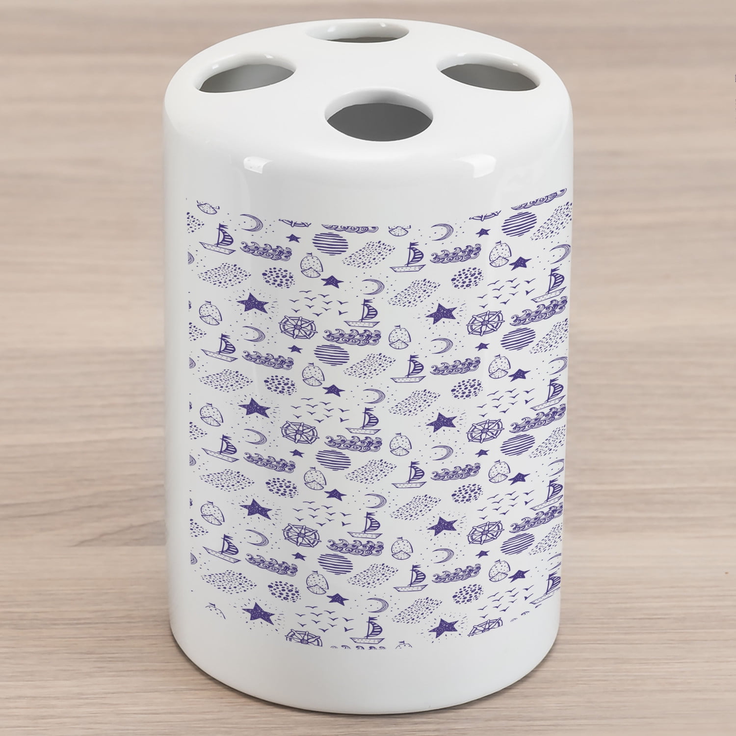 Nautical Ceramic Toothbrush Holder, Hand Drawn Boat Stars Flying Gulls ...