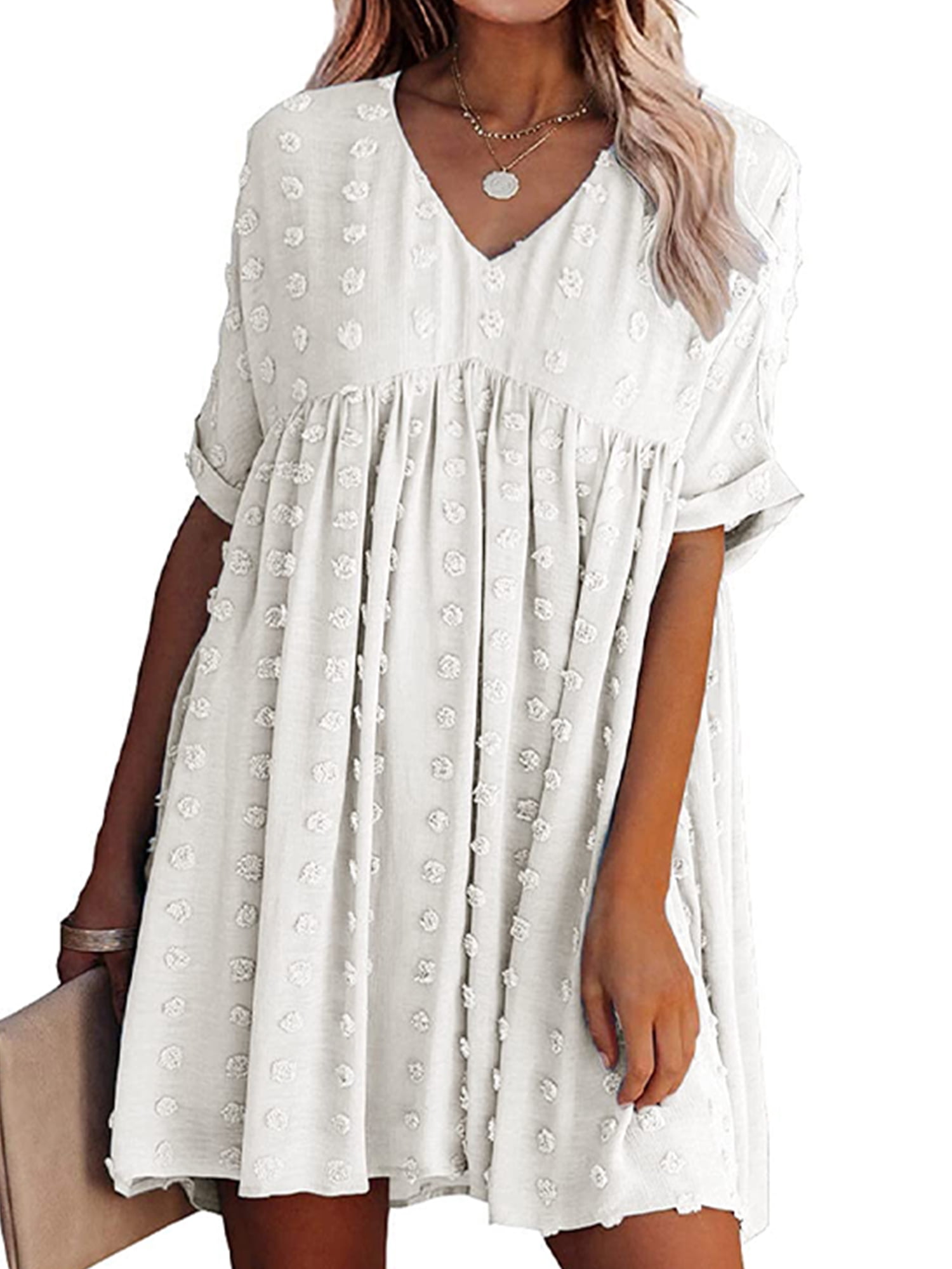 Capreze Lady Dress Short Sleeve Swing Mini Beach Sundress Ruffle A-line ...