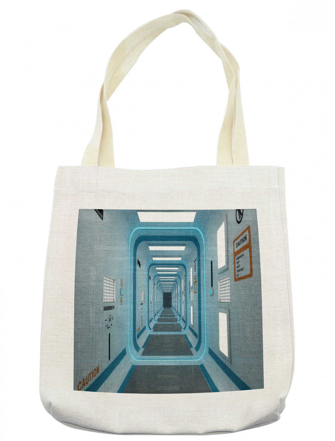 Outer Space Tote Bag, Galactic Hallway with Caution Signs Discovery ...