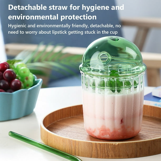 Fanshiluo Cute Drinking Glasses With Glass Dome Lid And Straw Reusable Wide Mouth Milkshakes Cups 15oz Glass Coffee Iced Cup For Home Office Bar on