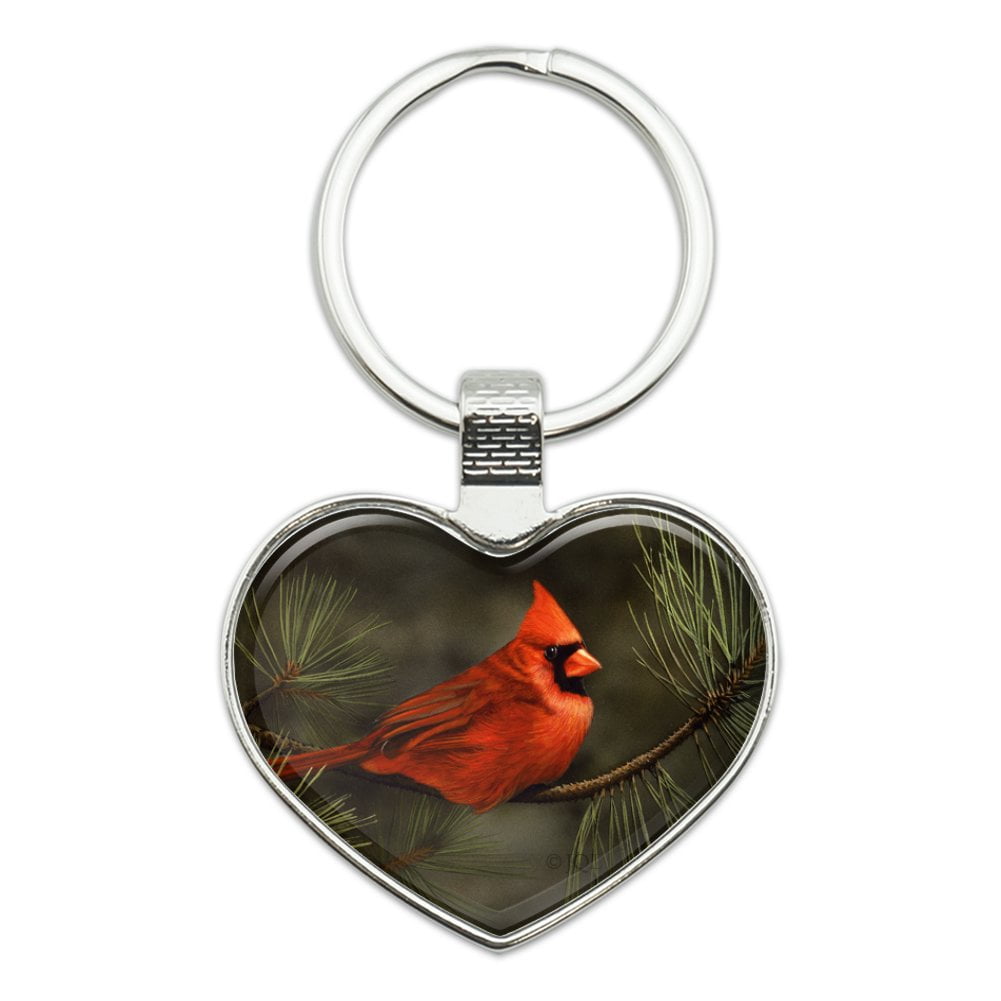 Northern Cardinal Red Pine Perch Heart Love Metal Keychain Key Chain ...