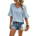 Casual Plain V neck Top Elbow-Length Baby Blue Women Blouses (Women's ...