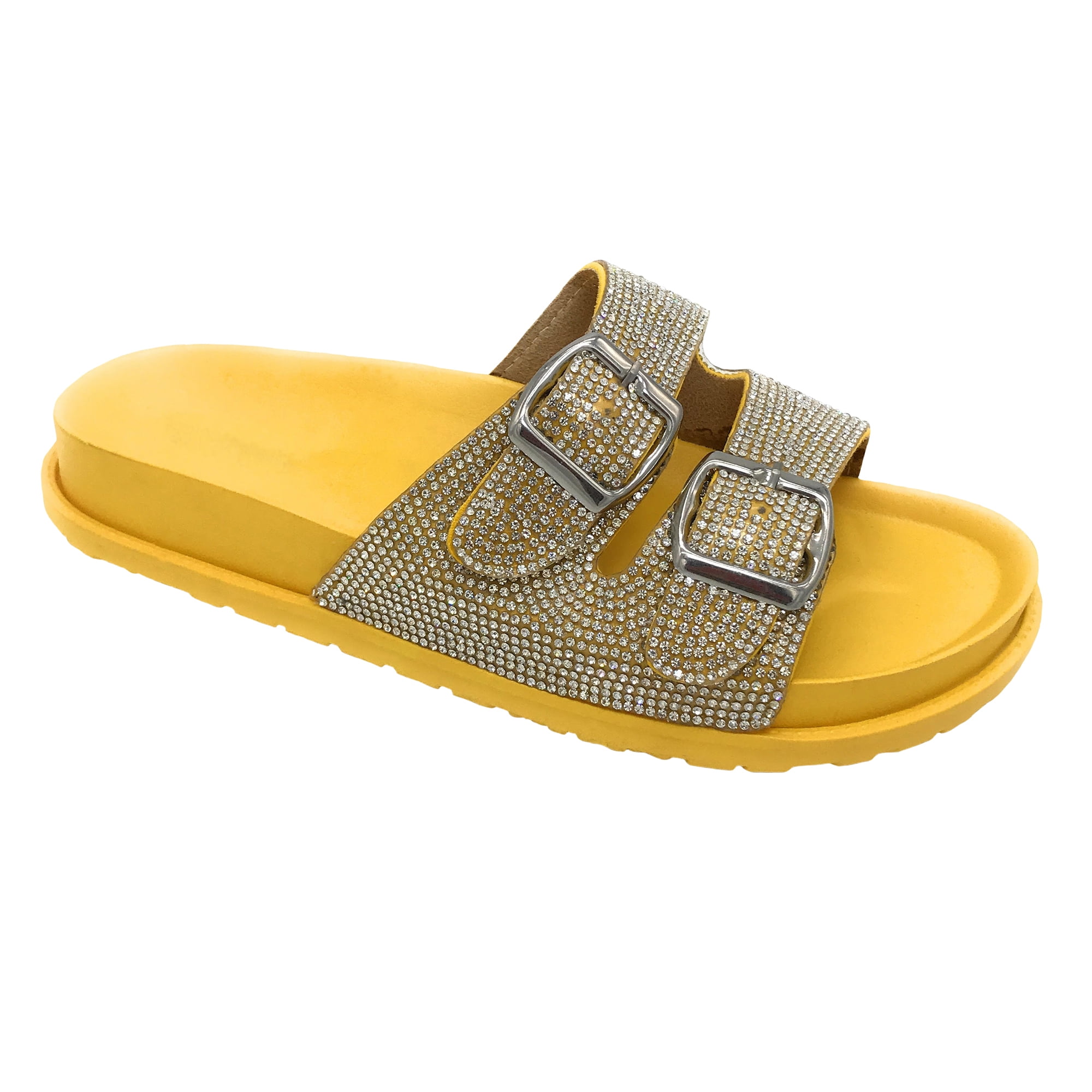 SNJ New Women's Rhinestone Glitter Footbed Buckled Double Strap Slide ...