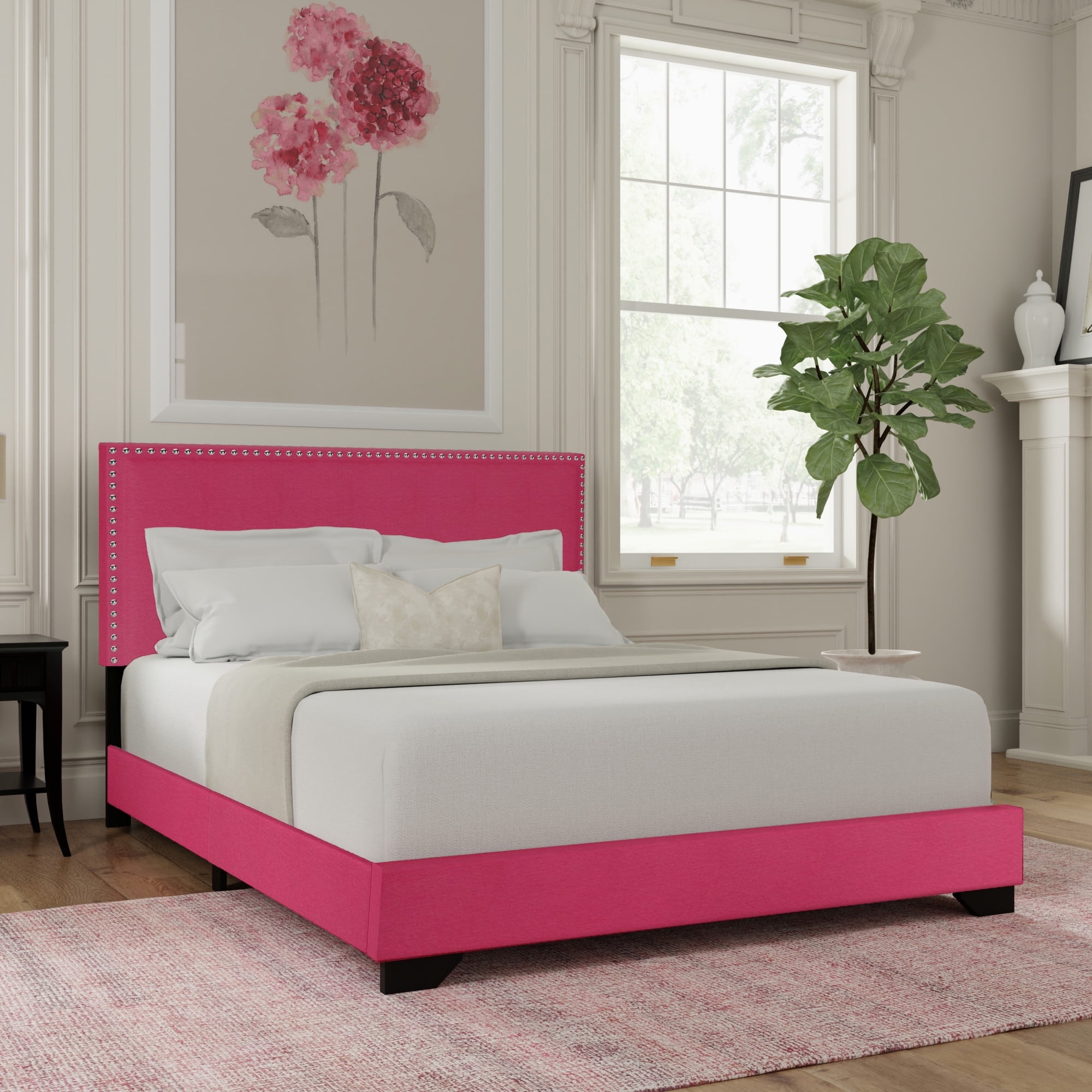 Skylar Nailhead Trim Upholstered Full Platform Bed, Pink - Walmart.com