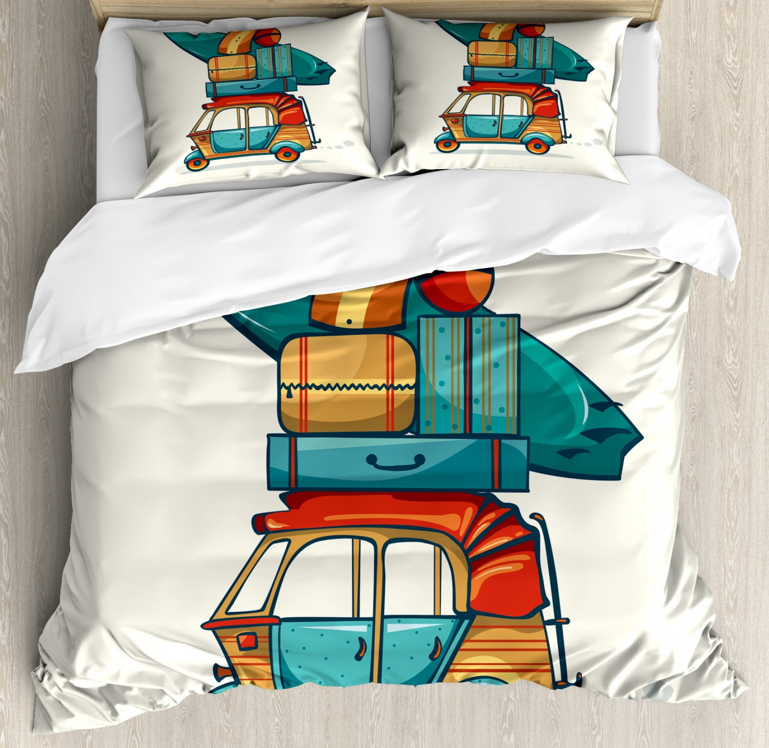 Vintage Car Queen Size Duvet Cover Set, Cartoon Style Automobile ...