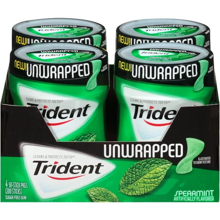 Trident Unwrapped Spearmint Sugar Free Gum, 4 Bottles of 50 Pieces (200 ...