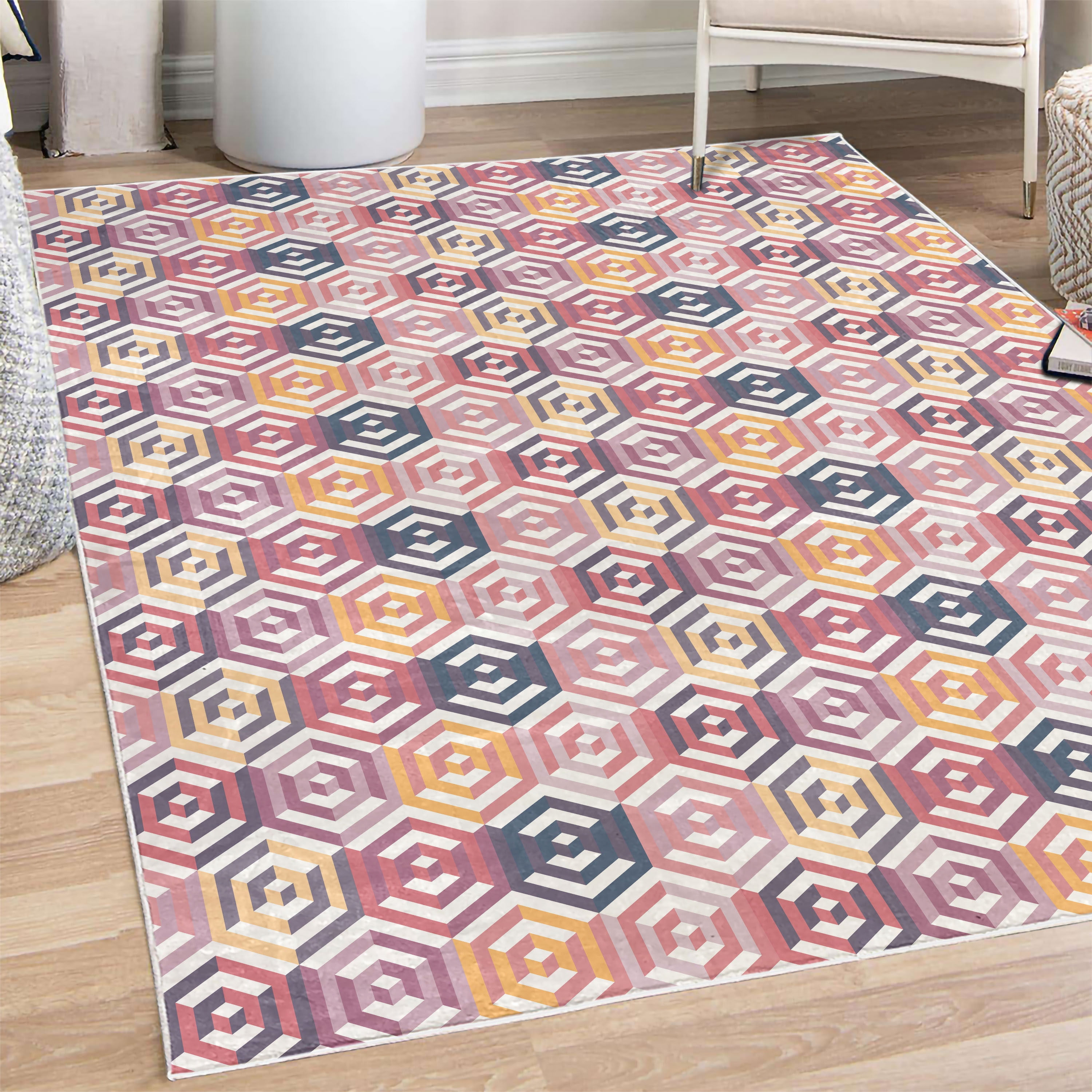 Geometric Decorative Rug Abstract Cubes Isometric Hexagonal Shaped Pattern Colorful Retro