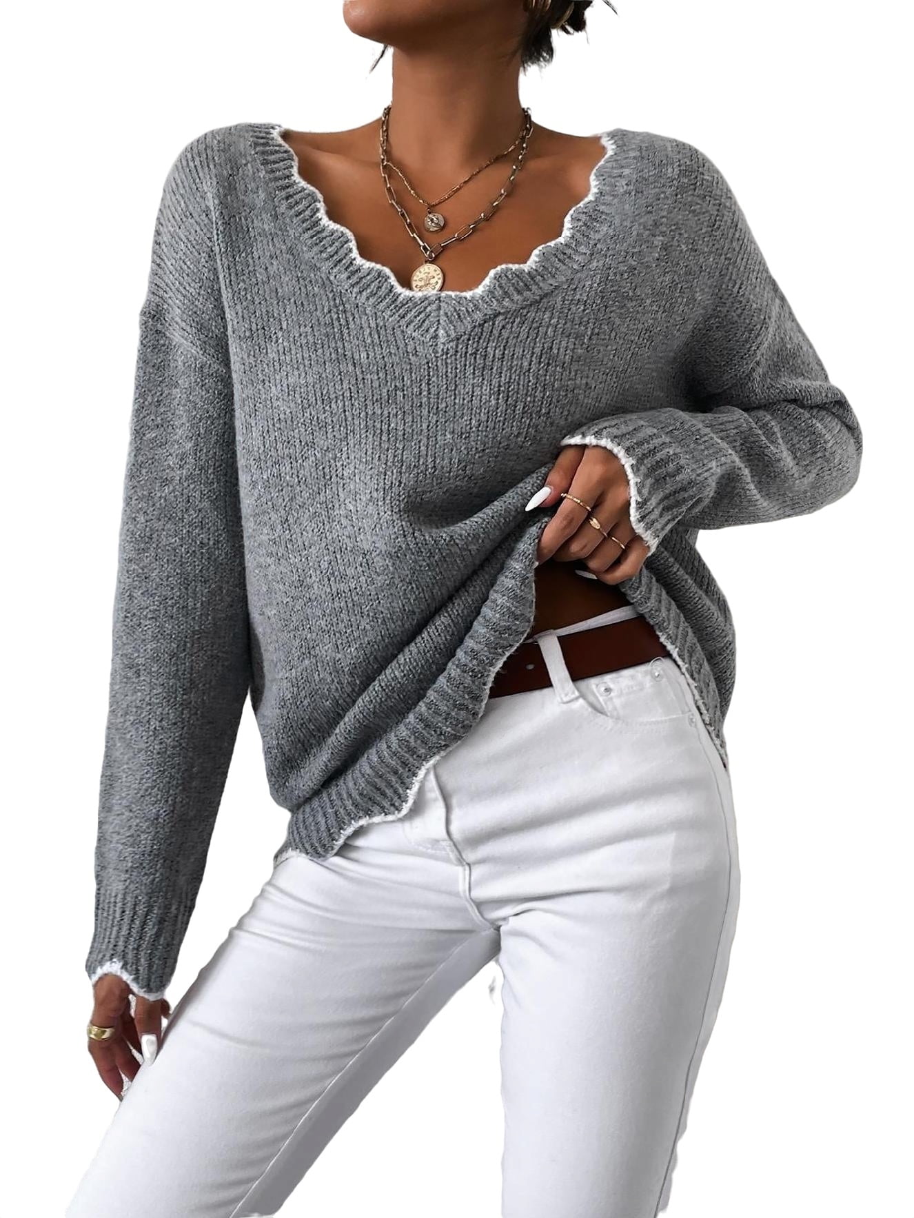 Womens Sweaters Casual Plain Scoop Neck Pullovers Grey L - Walmart.com
