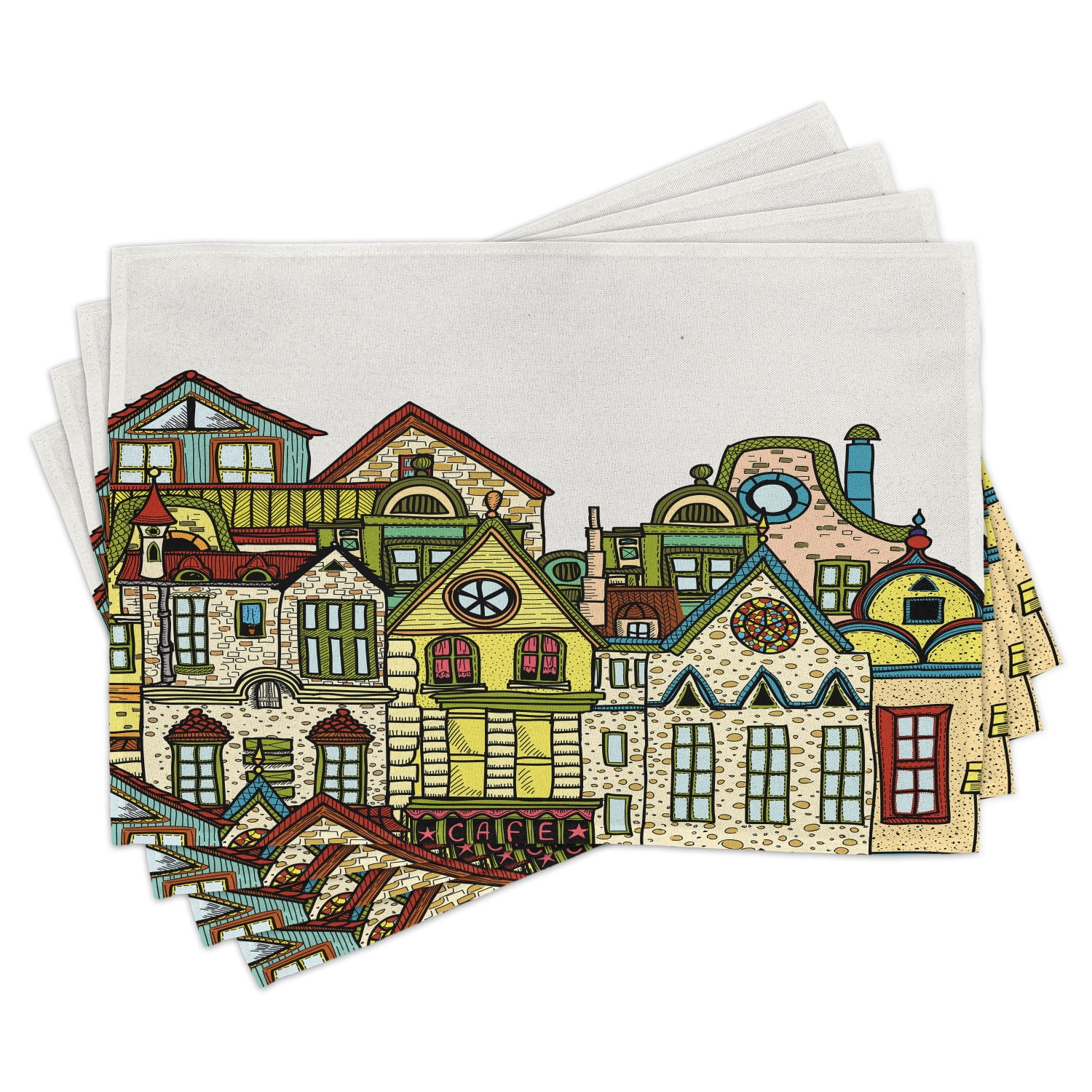 Ambesonne Cartoon Place Mats Set of 4, Old Town View Art, Standard Size ...