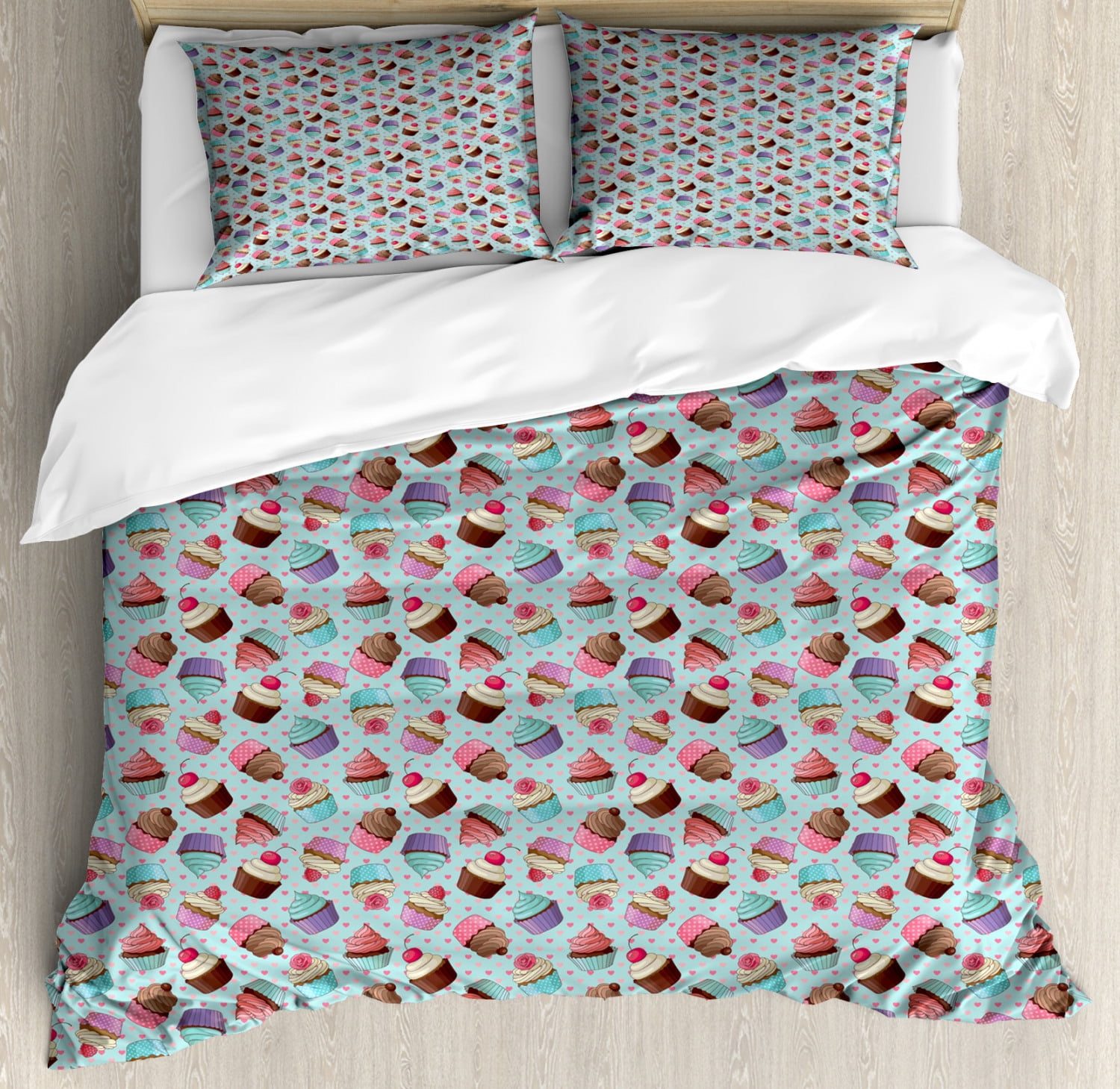 Dessert Queen Size Duvet Cover Set, Repeating Pattern of Yummy Cupcakes ...