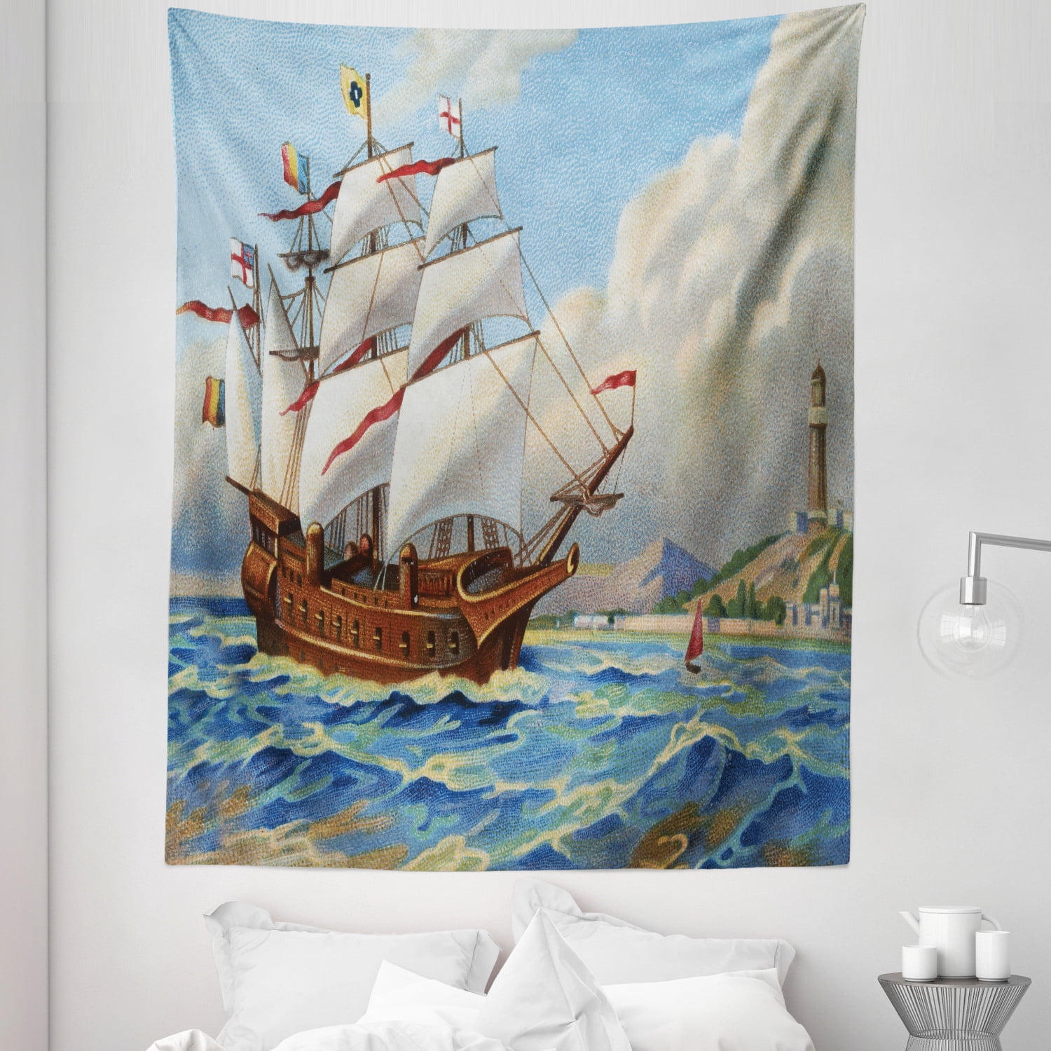 Vintage Boat Tapestry, Ship Sailing Historical Theme Wavy Sea Coastal ...