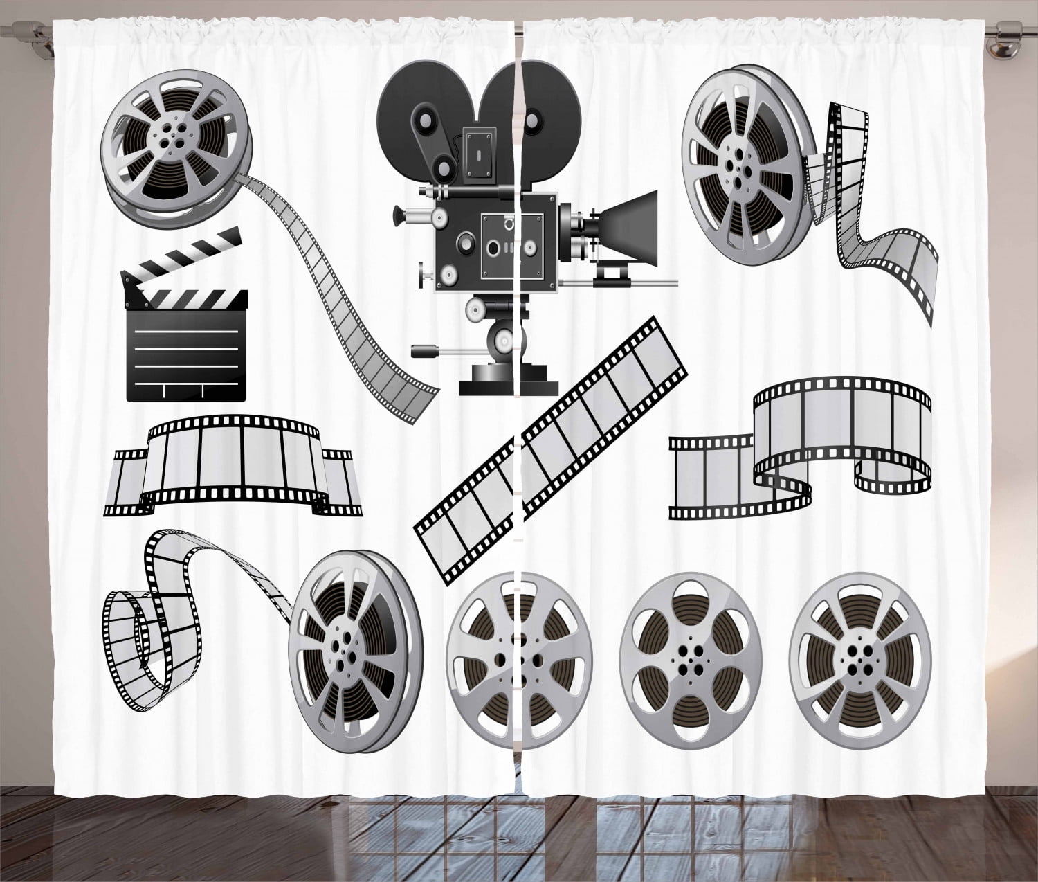 Movie Theater Curtains 2 Panels Set, Movie Industry Themed Greyscale ...