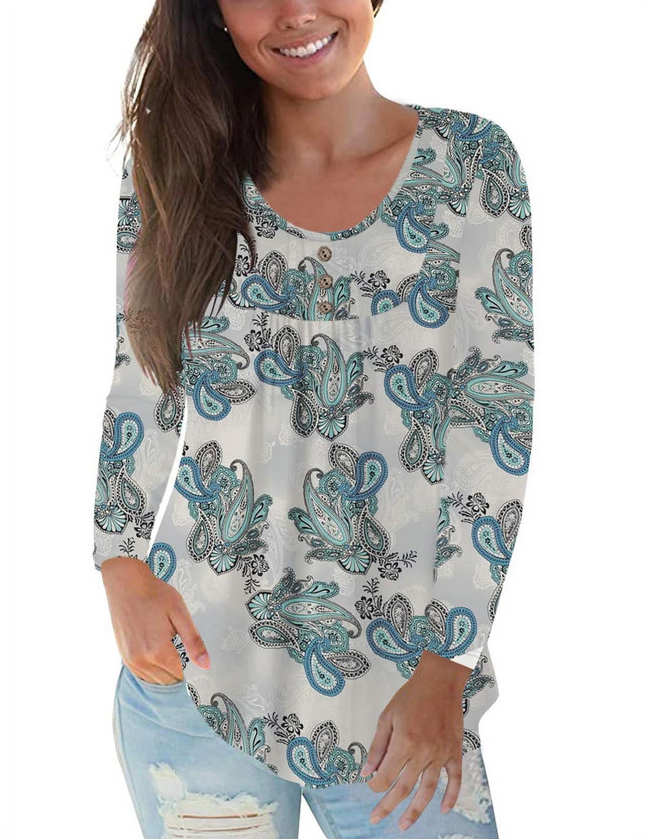 GingDin Women's Plus Size Floral Shirt Long Sleeve Round Neck Loose ...